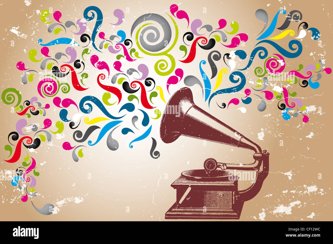 Vintage record player with abstract colorful swirls Stock Photo - Alamy