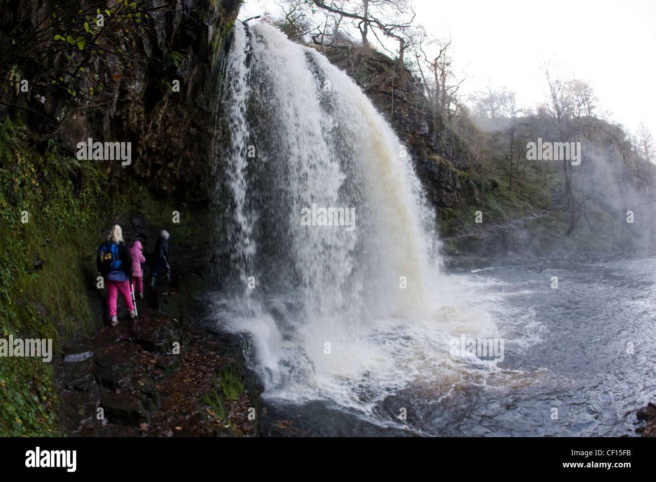 Walking behind the curtain of Scwd yr Eira (or Sgwd yr Eira) waterfall on Afon Hepste in the ...
