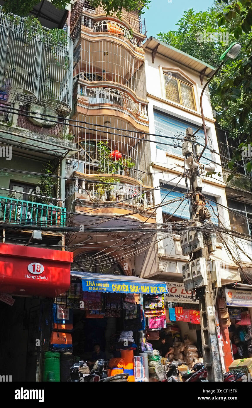Houses with balcony railings, shops, Hanoi, Vietnam Stock Photo - Alamy