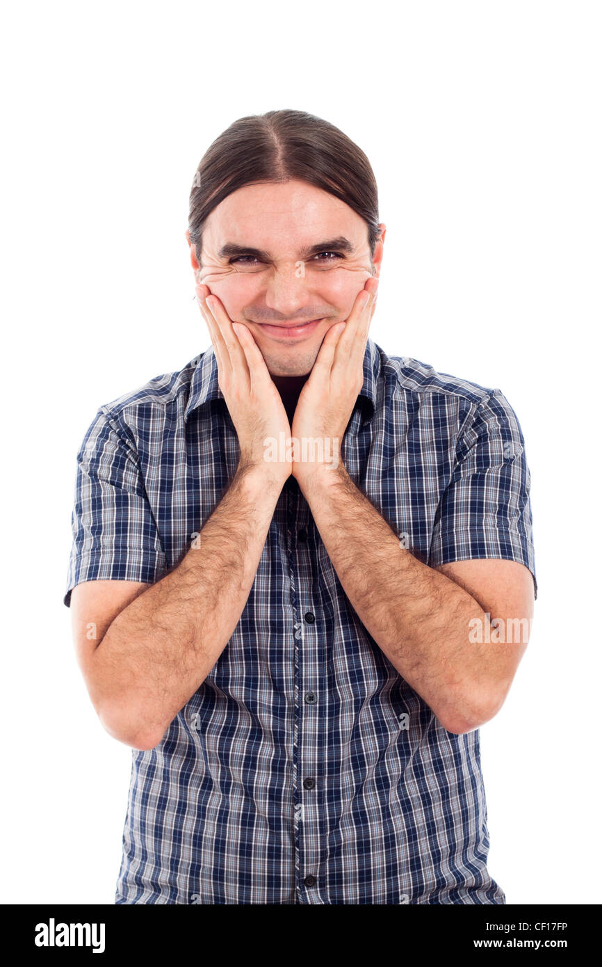 Portrait of happy young man grimace, isolated on white background Stock ...