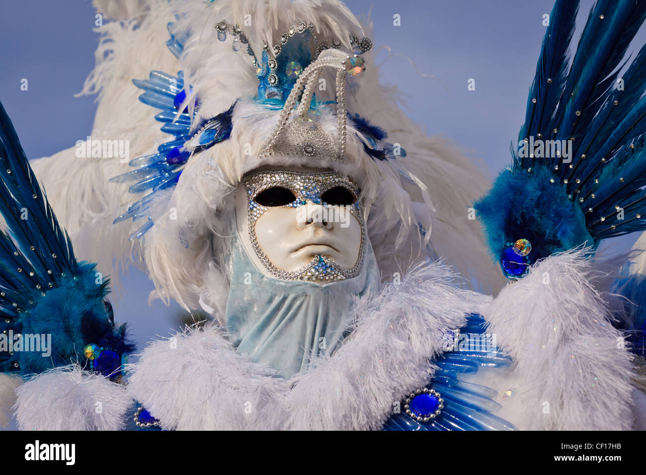 Blue and white feathers with white mask compose a Carnevale Costume in ...
