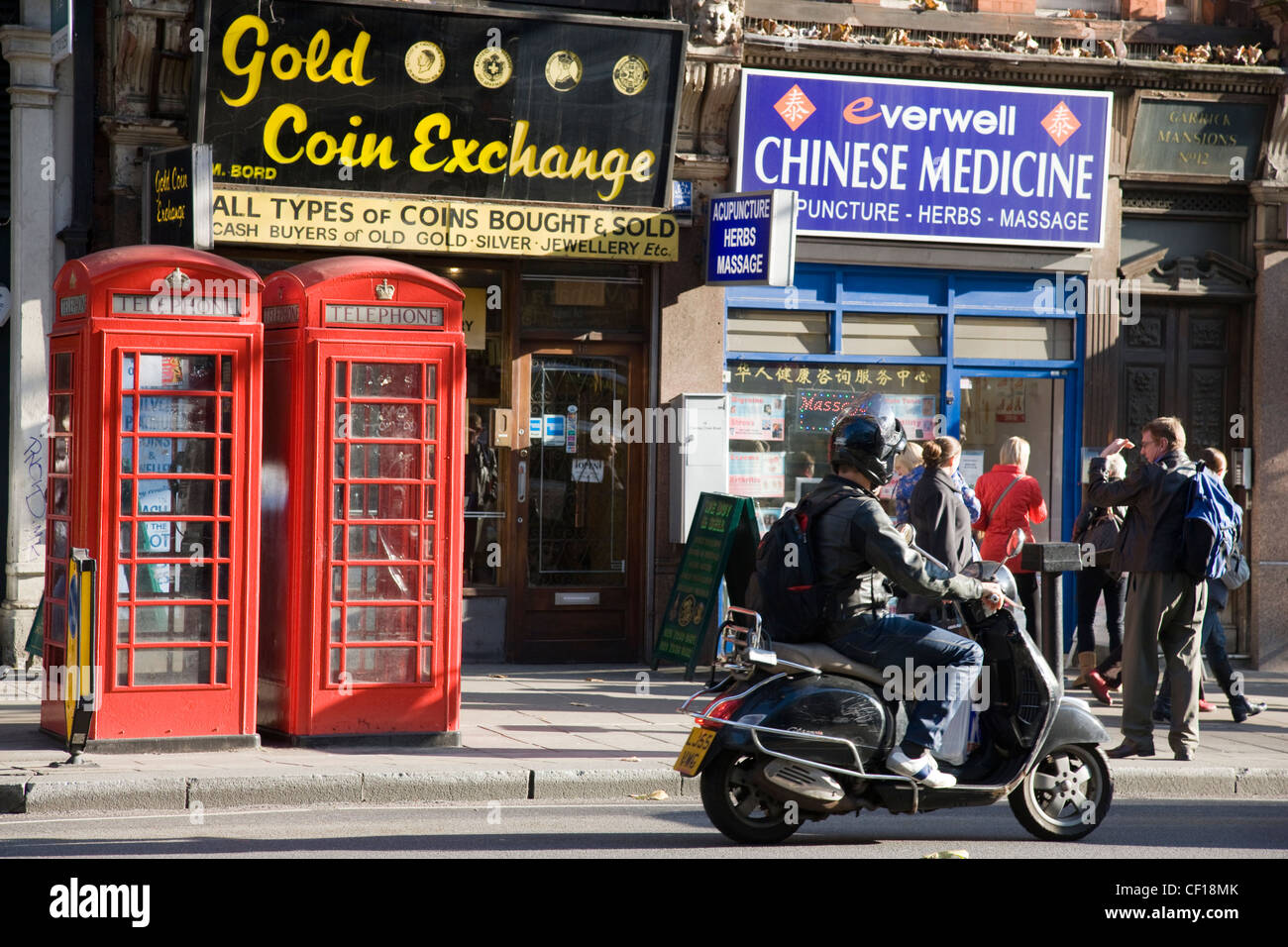 London red telephone boxes outside the Gold Coin Exchange in Chinatown ...