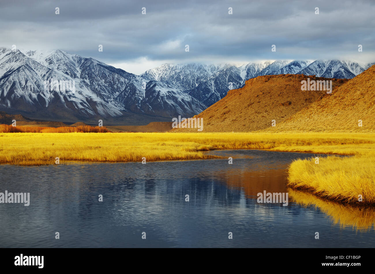 overcast winter mountain valley landscape with golden meadow from the ...