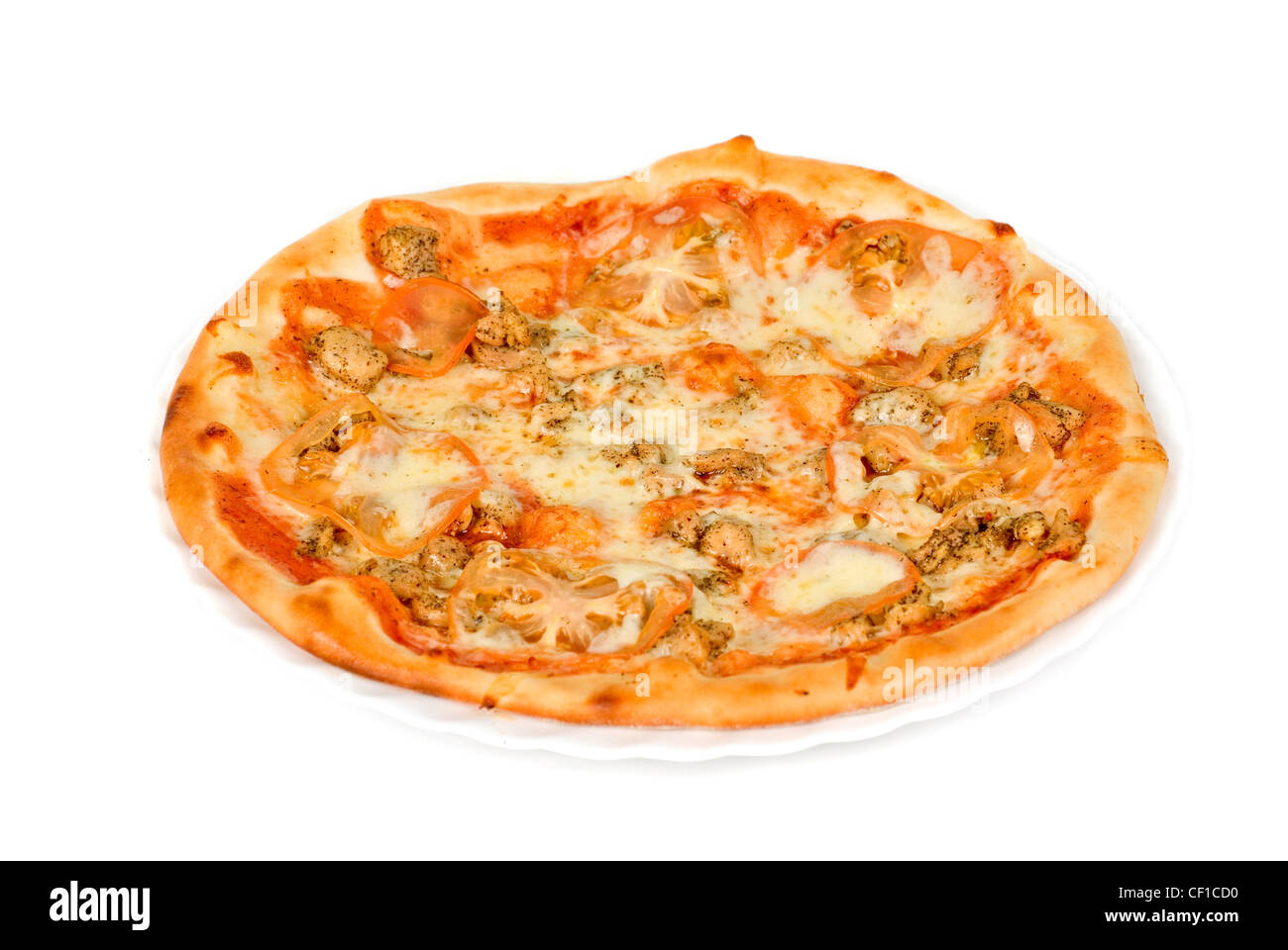 pizza closeup with chicken fillet, tomato and mozzarella cheese Stock ...