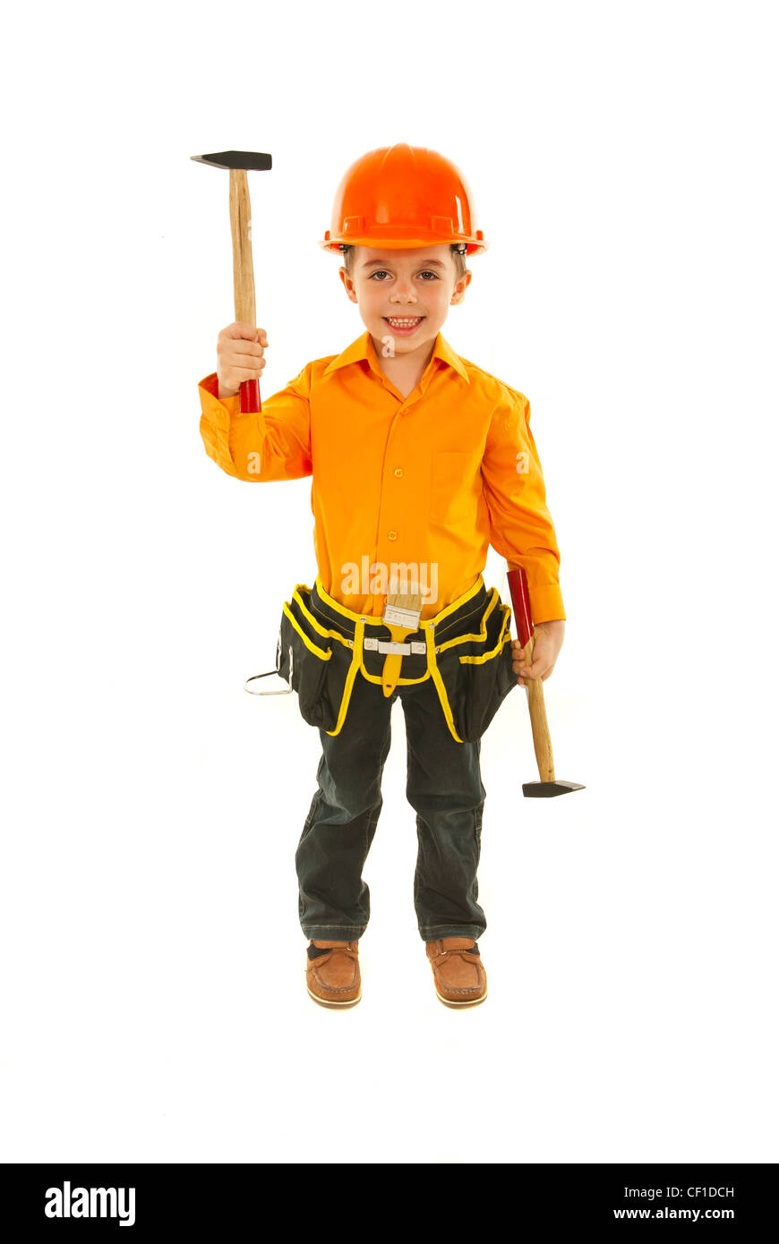 Happy kid boy raising one of hammer isolated on white background Stock ...