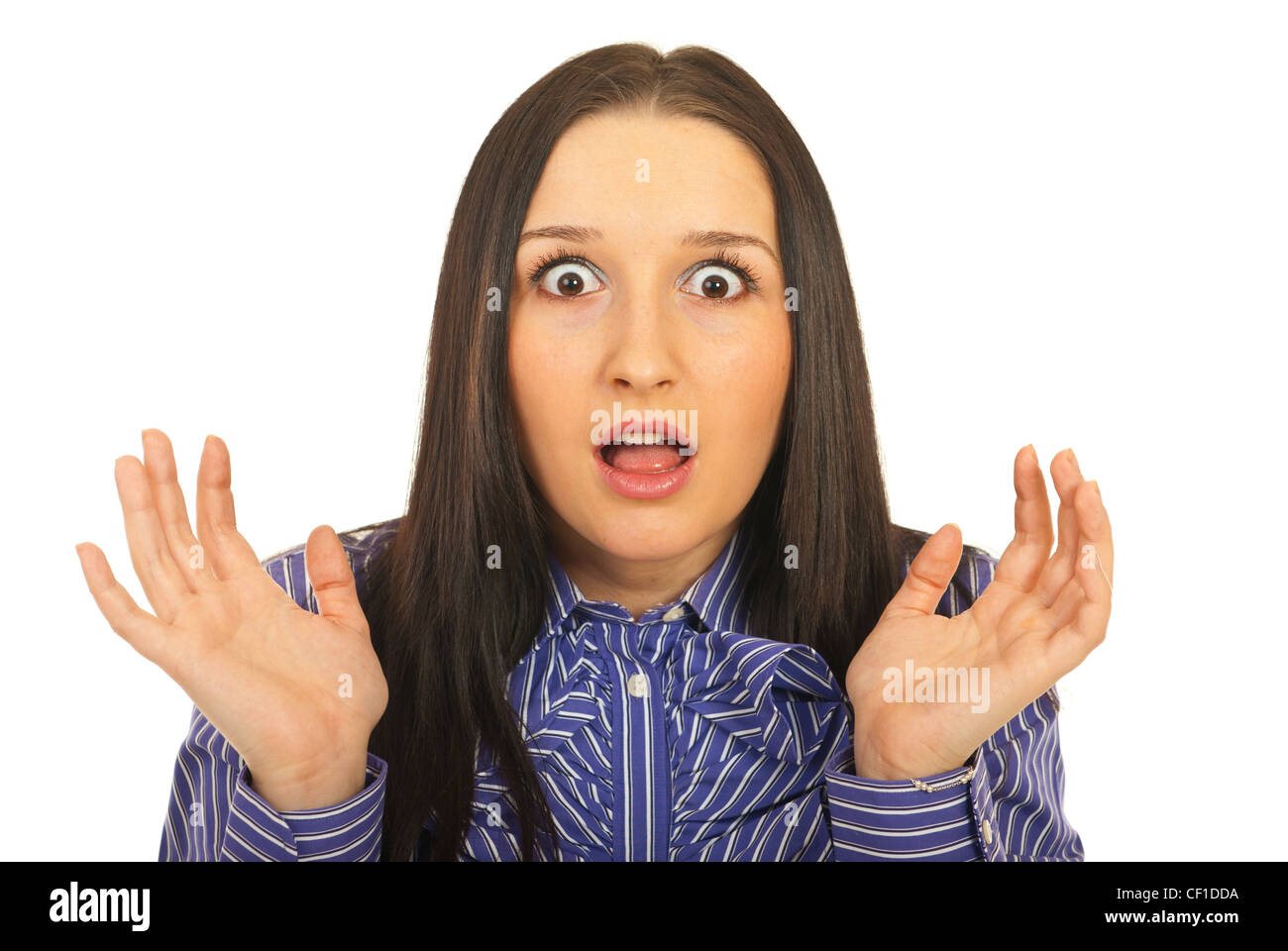 Portrait of scared business woman isolate on white background Stock ...