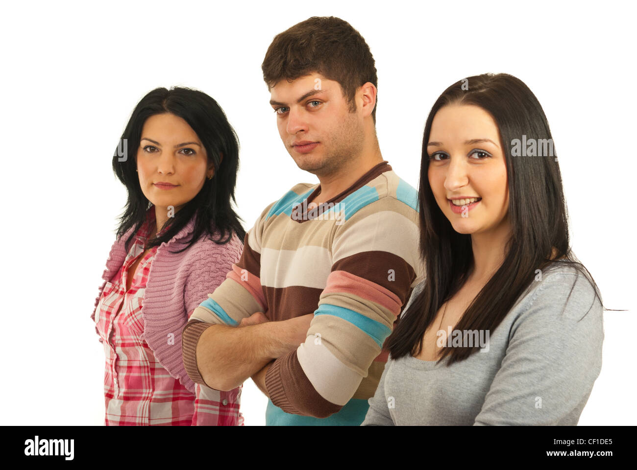 three friends group standing in a row isolated on white background ...
