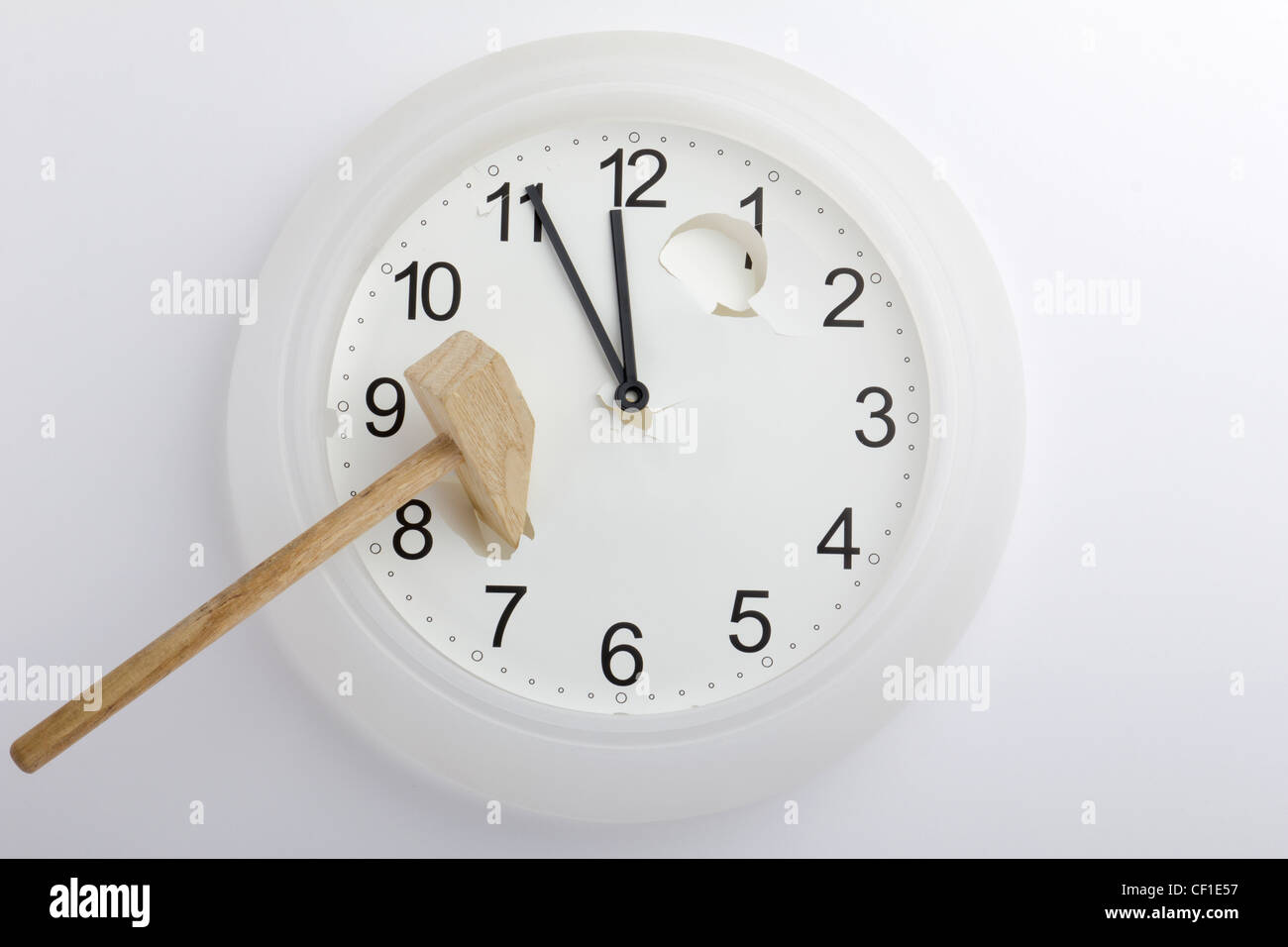 Broken clock with a hammer on it Stock Photo - Alamy