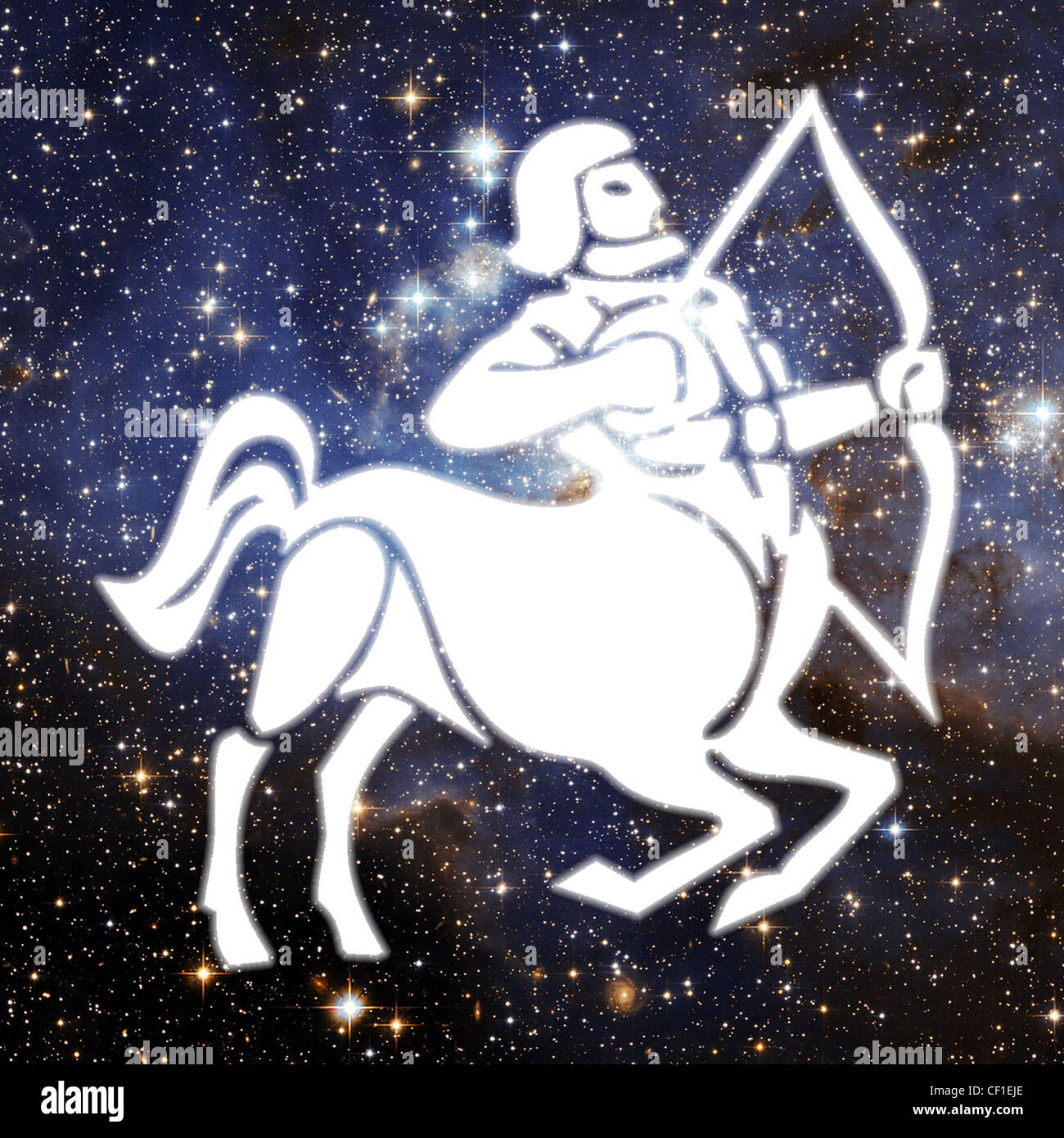 An illustration of the white silhouette of a centaur archer holding a ...