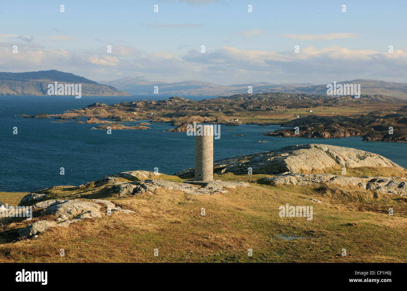 Trig point at the top of Dun I, the highest point on the Isle of Iona ...