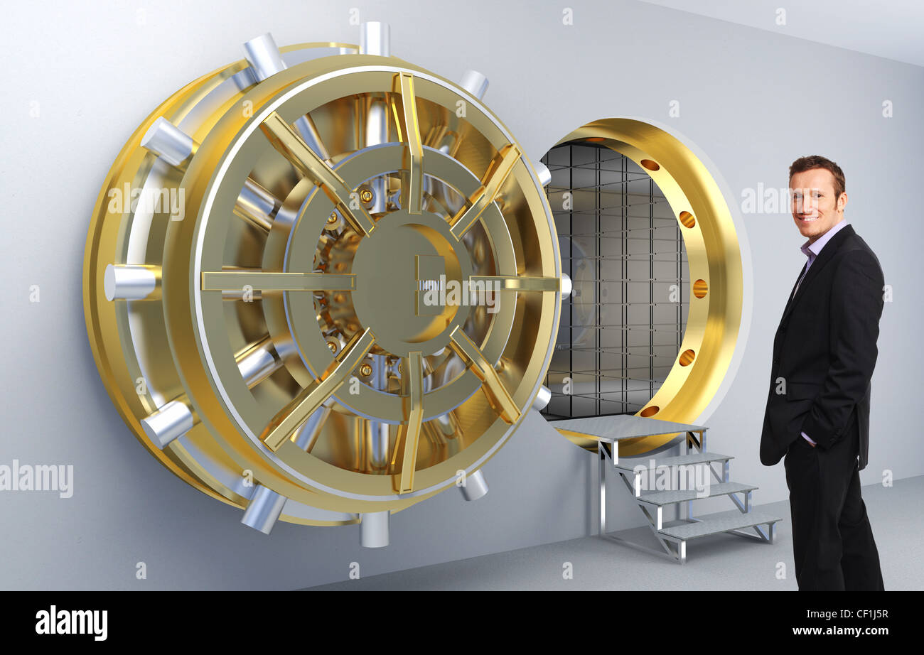 smiling man and vault door background Stock Photo - Alamy