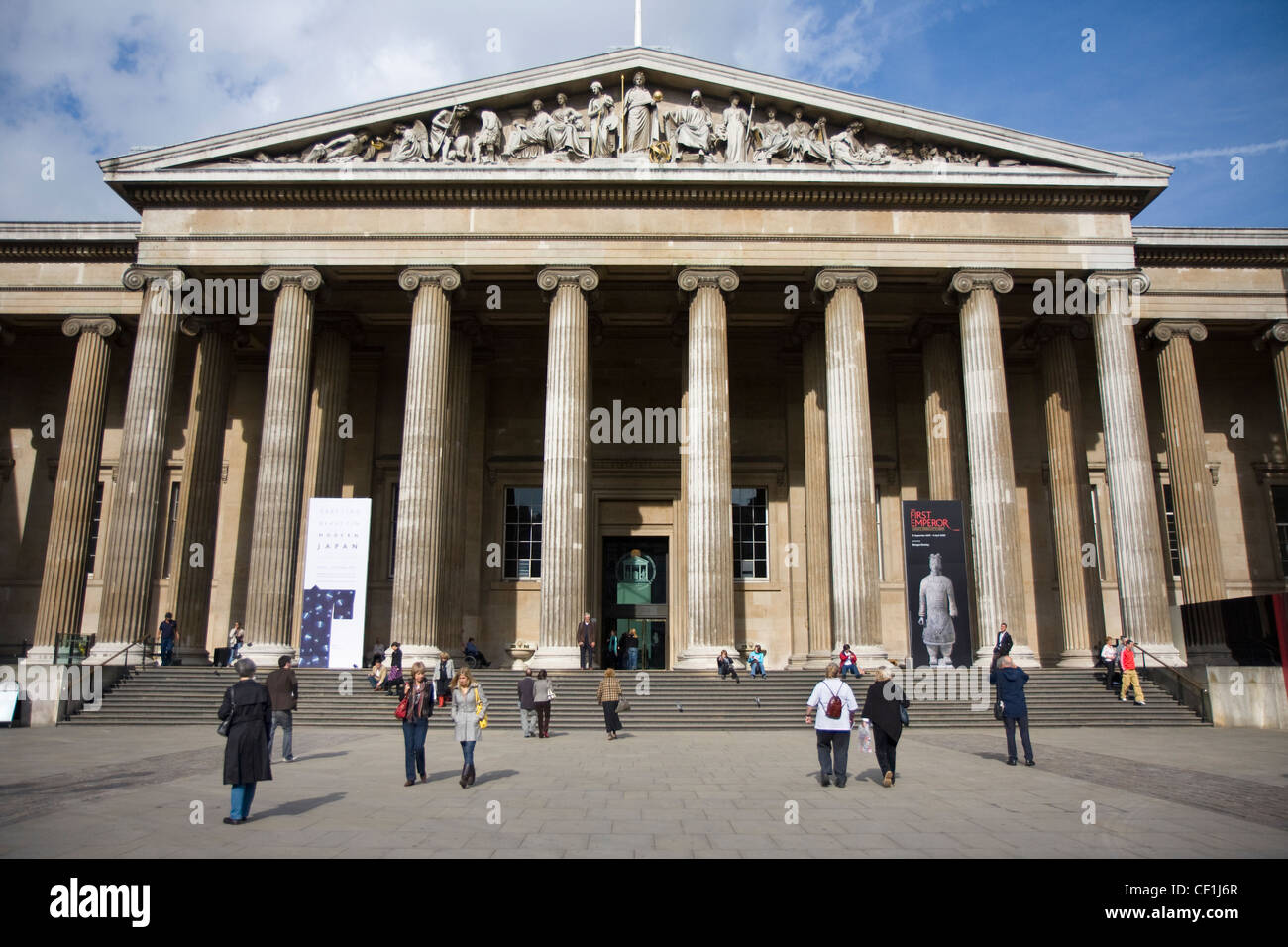 The Greek Revival facade of the entrance to the British Museum on Great Russell Street, London ...