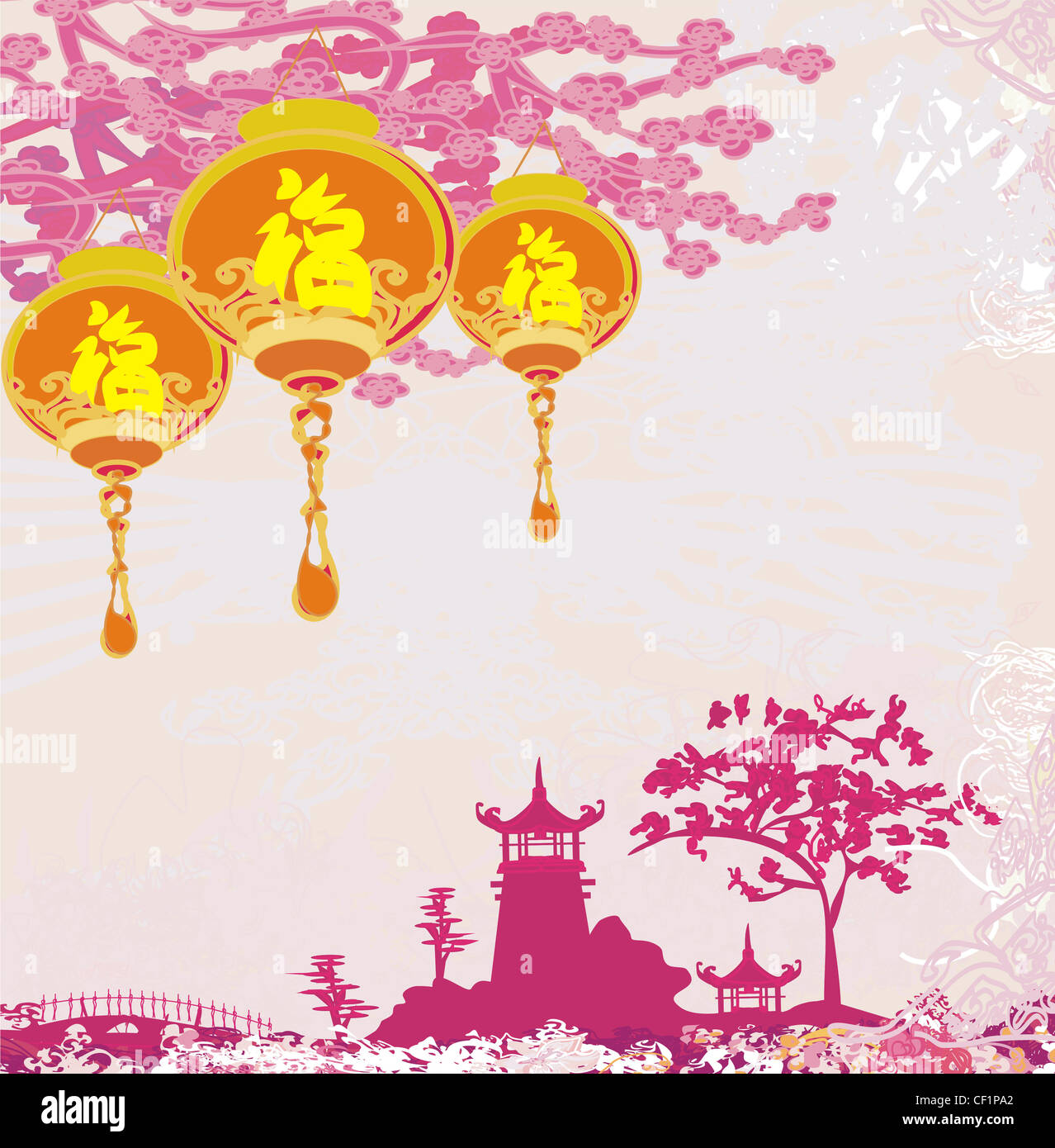 old paper with Asian Landscape and Chinese Lanterns - vintage japanese ...