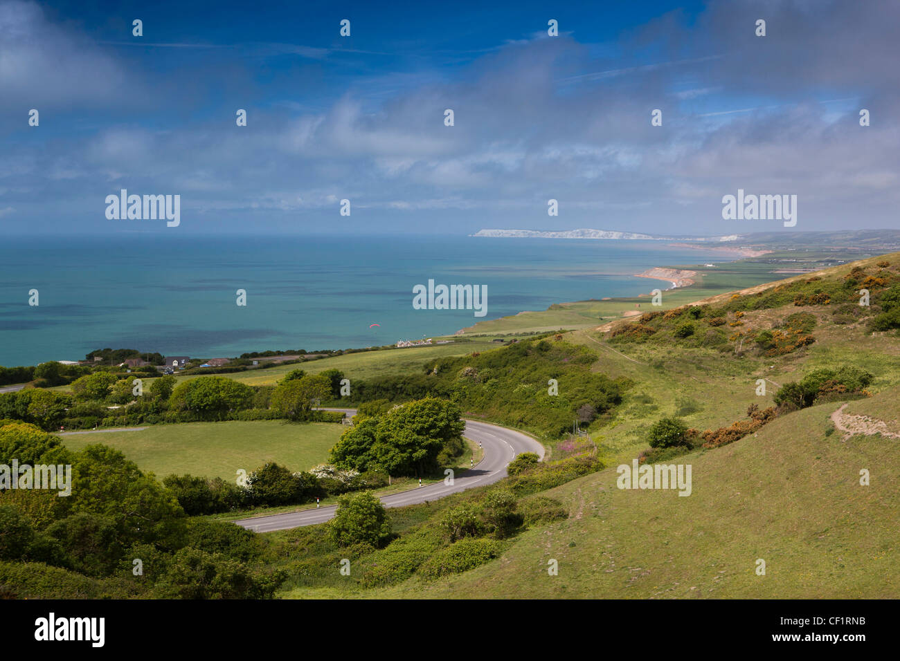 UK, England, Isle of Wight, Gore Down, view across Chale Bay to ...