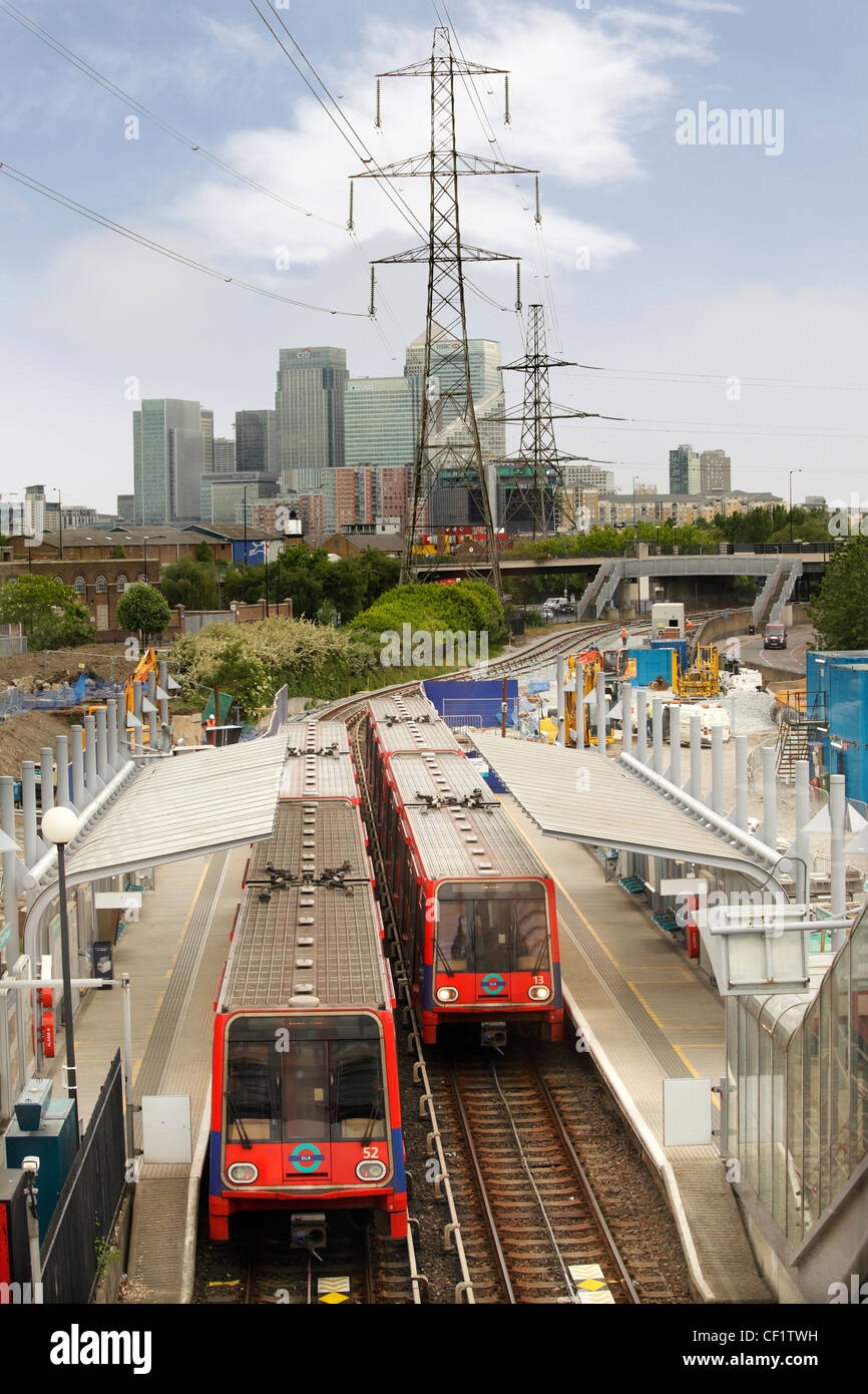 Docklands Light Railway (DLR) trains at the Royal Victoria Station with ...