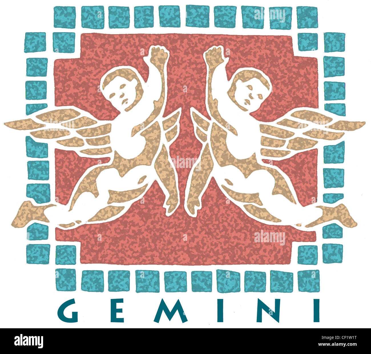 Star sign Gemini aqua blue mosaic border illustration of twin angels ...