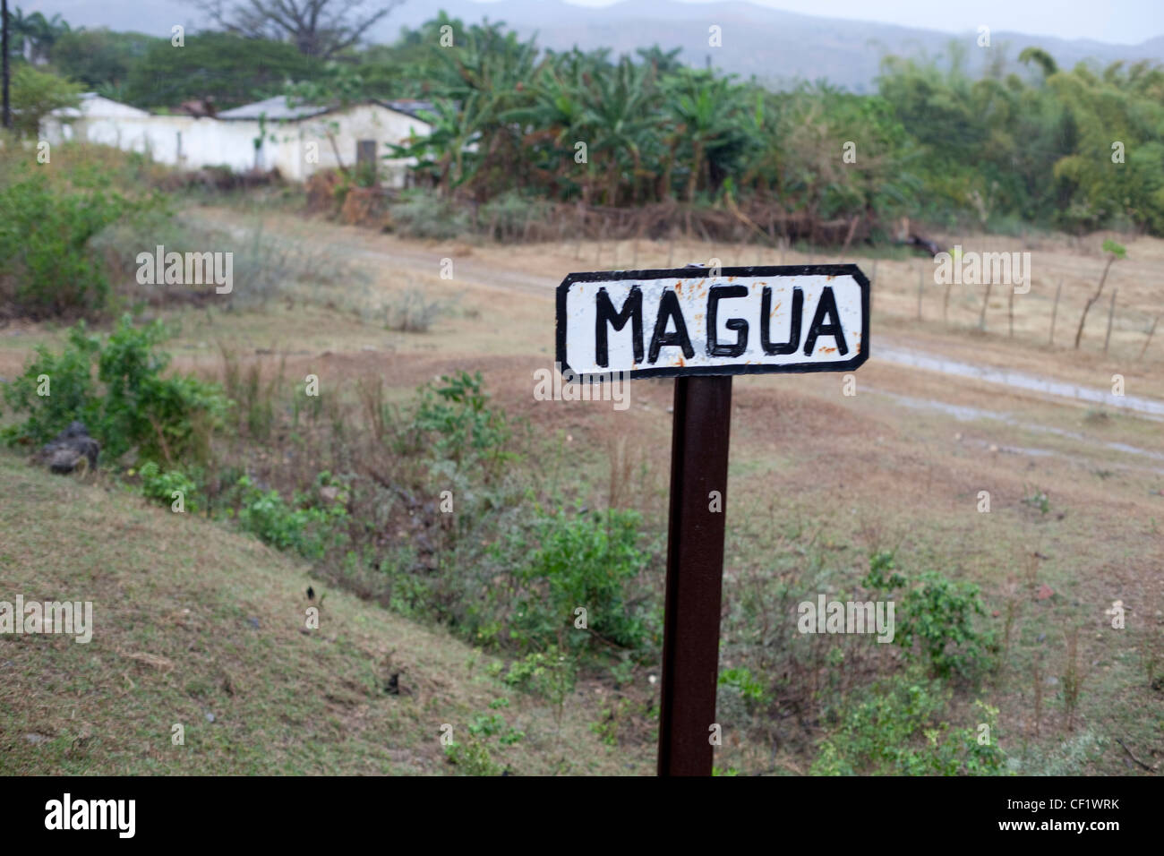 Sign for the town of 'Magua' seen from a steam train in Cuba Stock ...