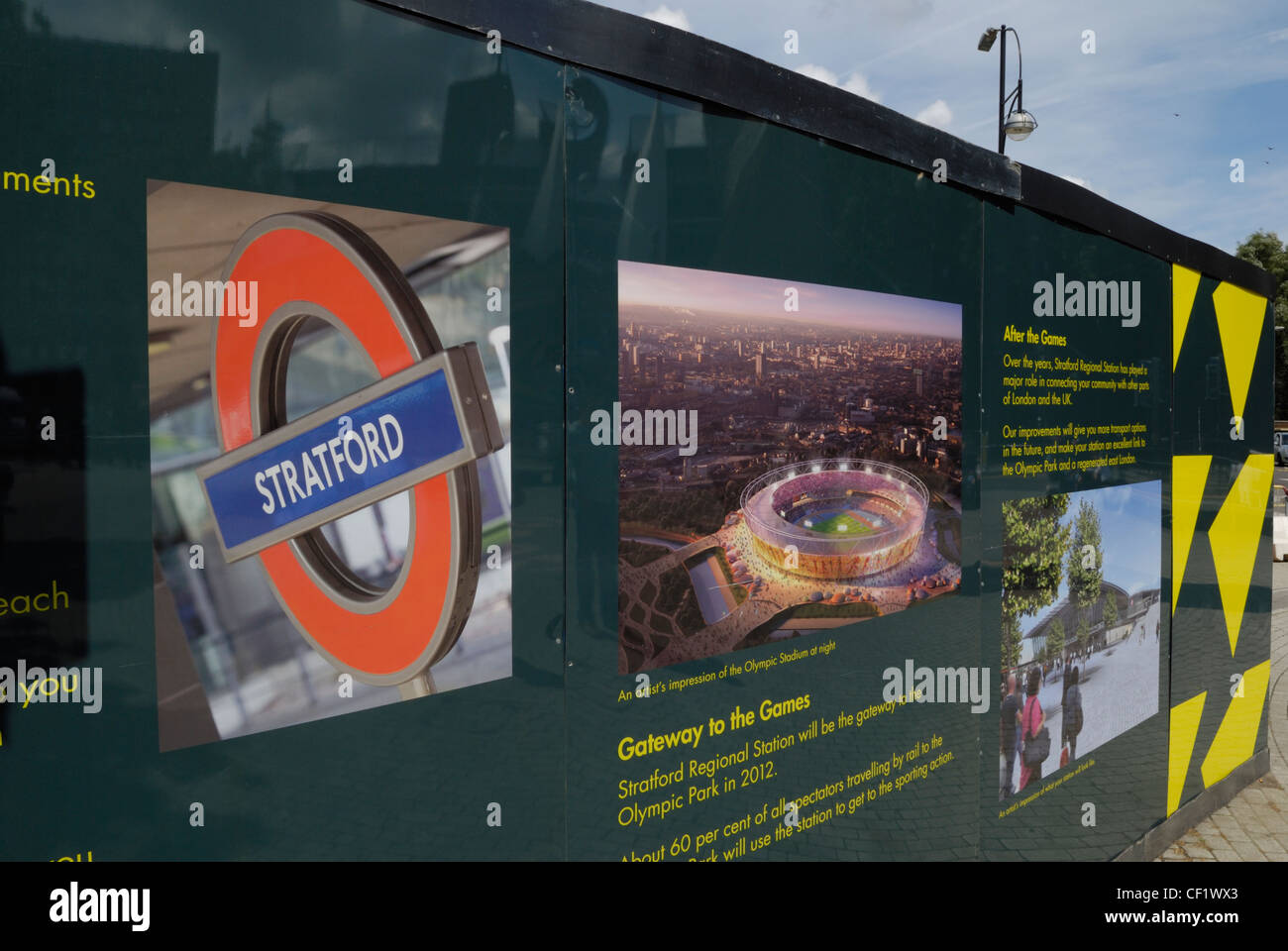 Close up of hoardings outside Stratford underground station displaying ...