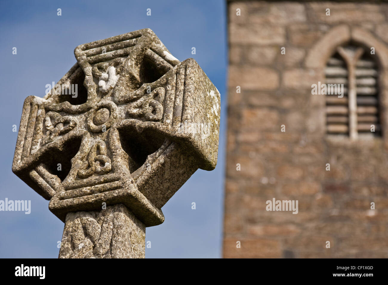 Cornish cross in the churchyard of the Parish church of Morvah in West ...