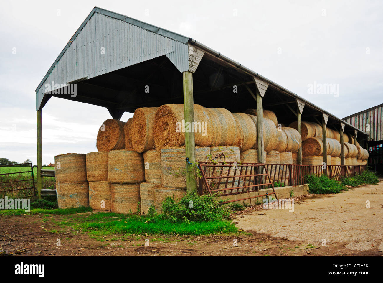 An open barn with stored straw bales at Aylmerton, Norfolk, England ...