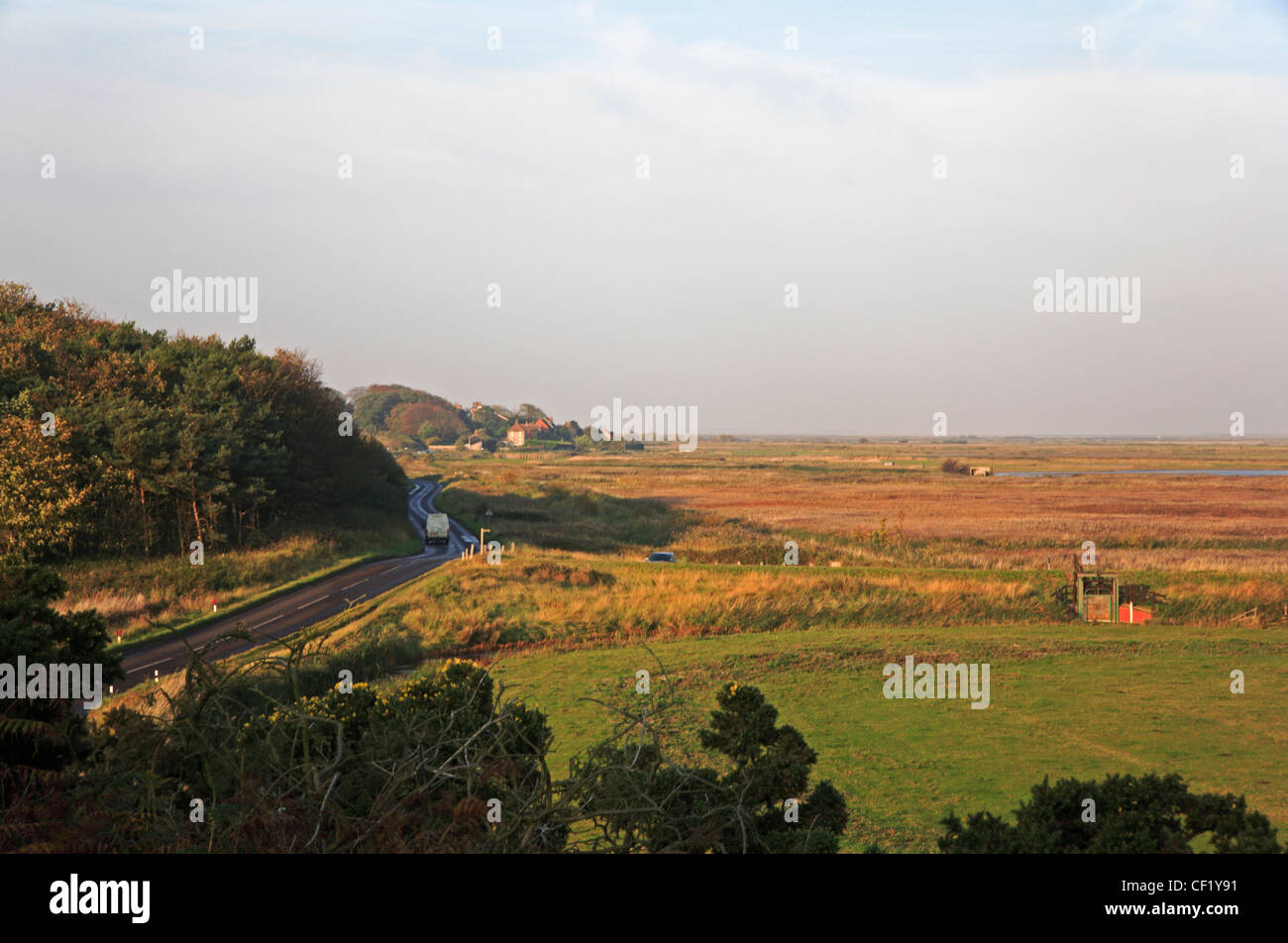 A view of Cley Marshes Nature Reserve and the A149 coast road from ...