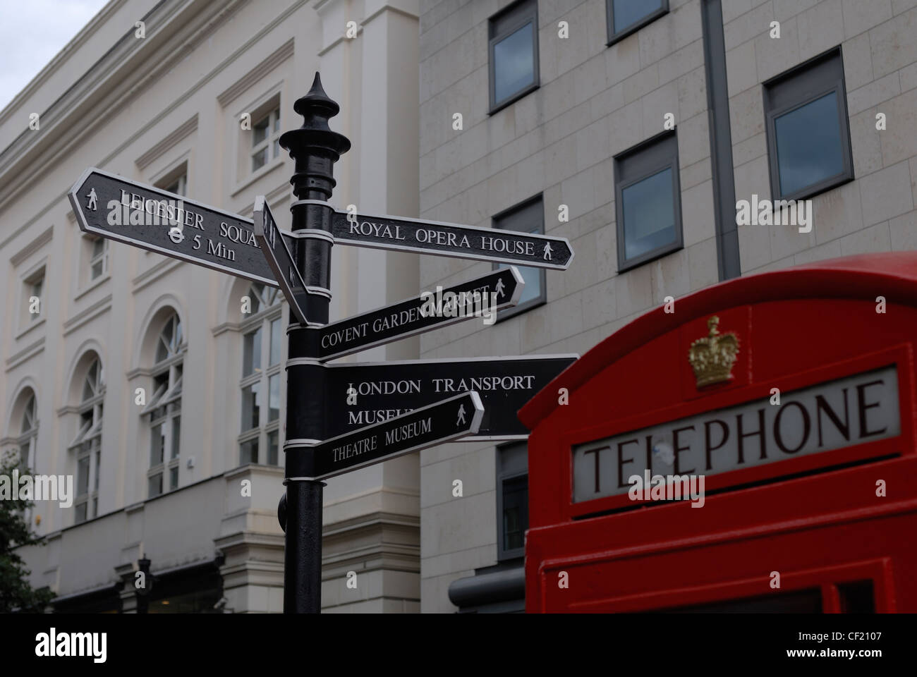 A signpost near Covent Garden market next to a traditional telephone ...
