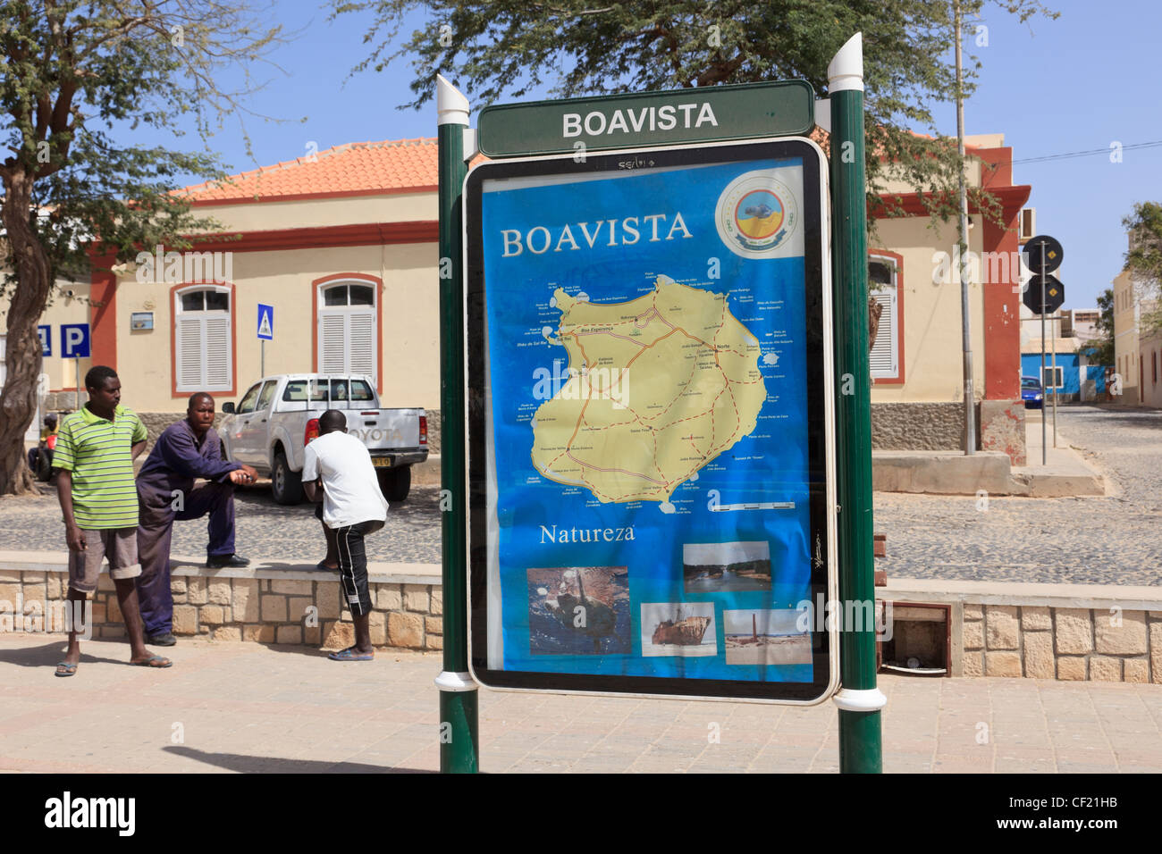 Tourist information sign with map in the main square of the city of Sal ...