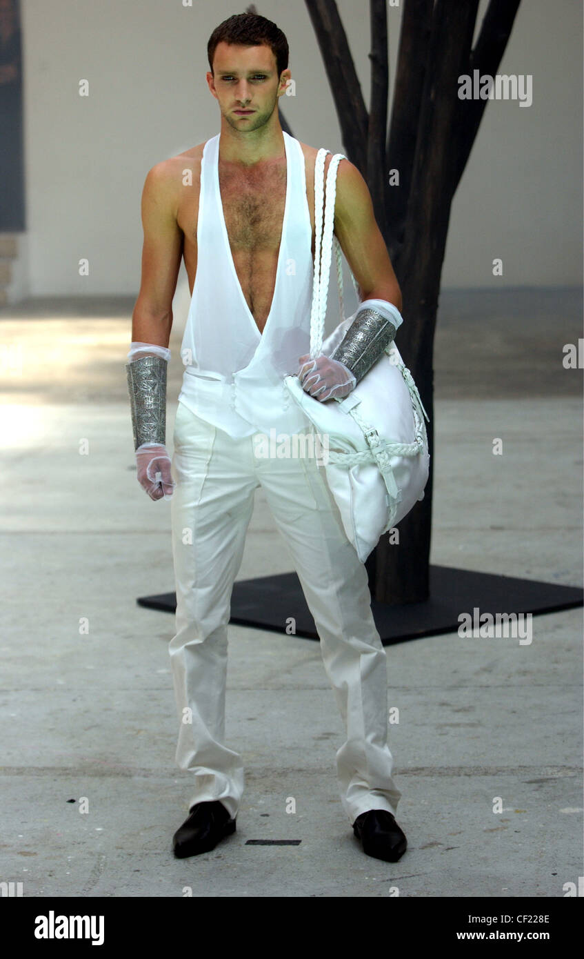 Spastor Paris Menswear S S Bare chest male model wearing low cut white ...