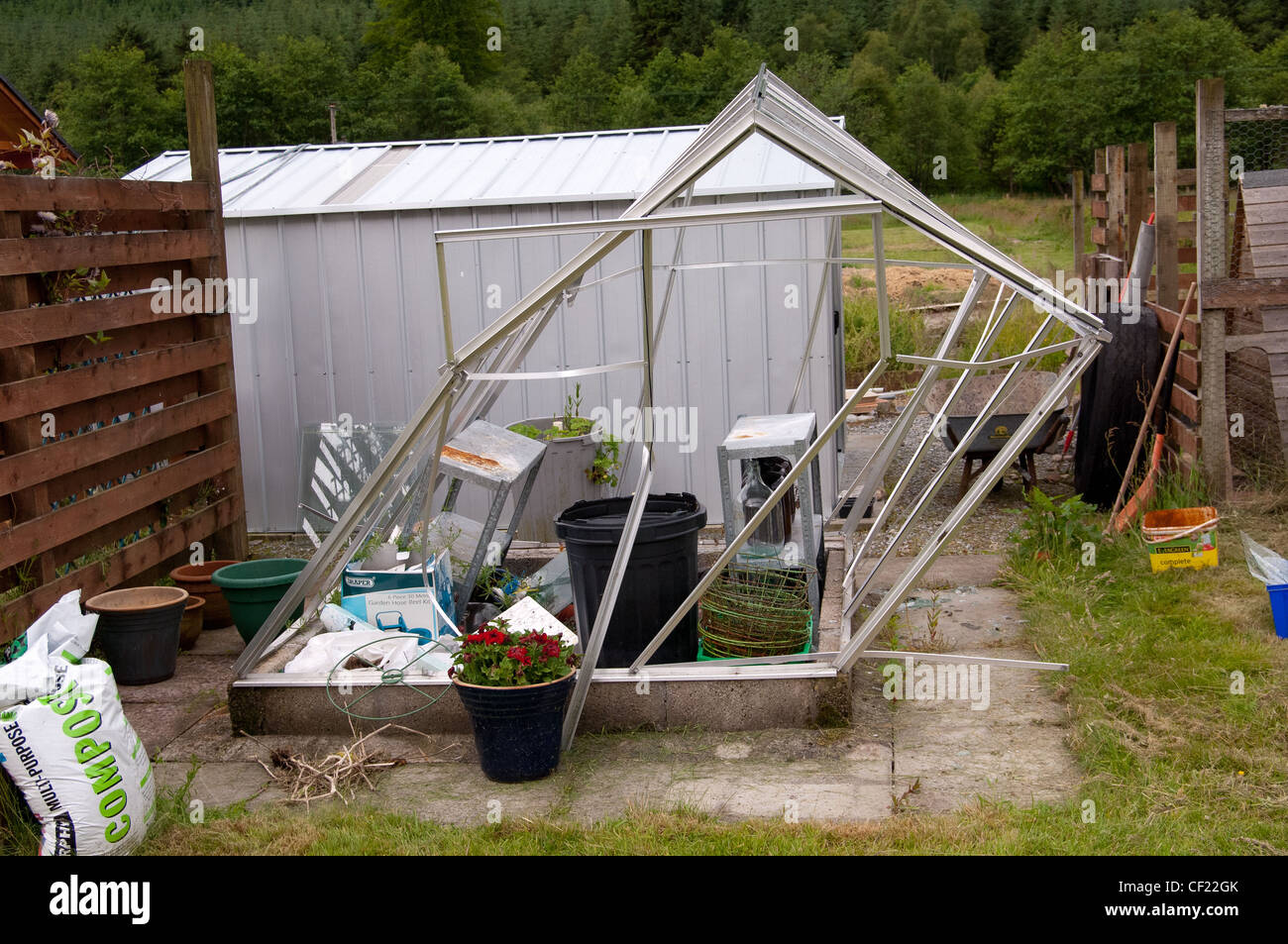 Green house destroyed by wind damage in garden Stock Photo - Alamy
