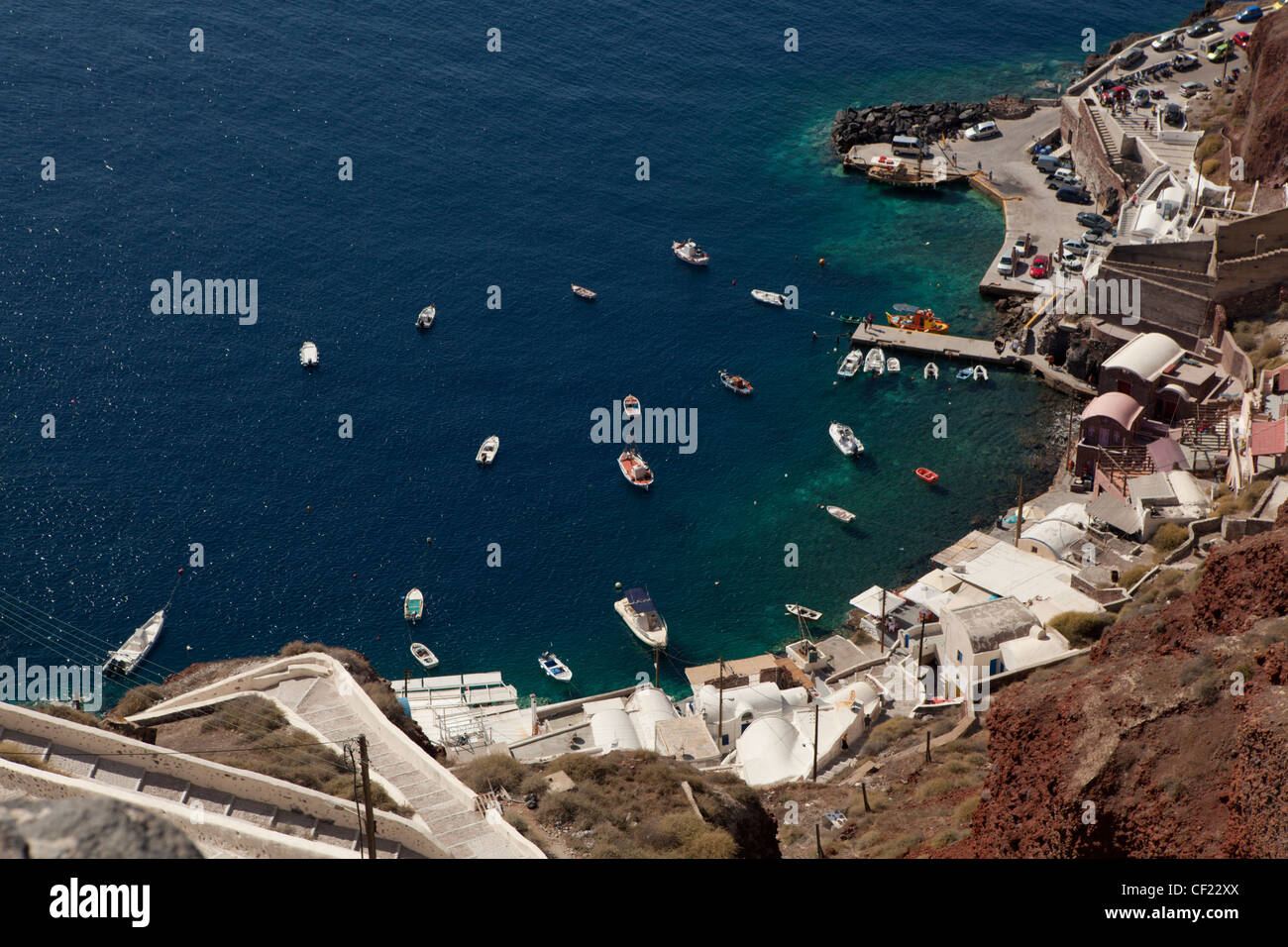 A aerial view of the harbour at the foot of the cliffs below the ...
