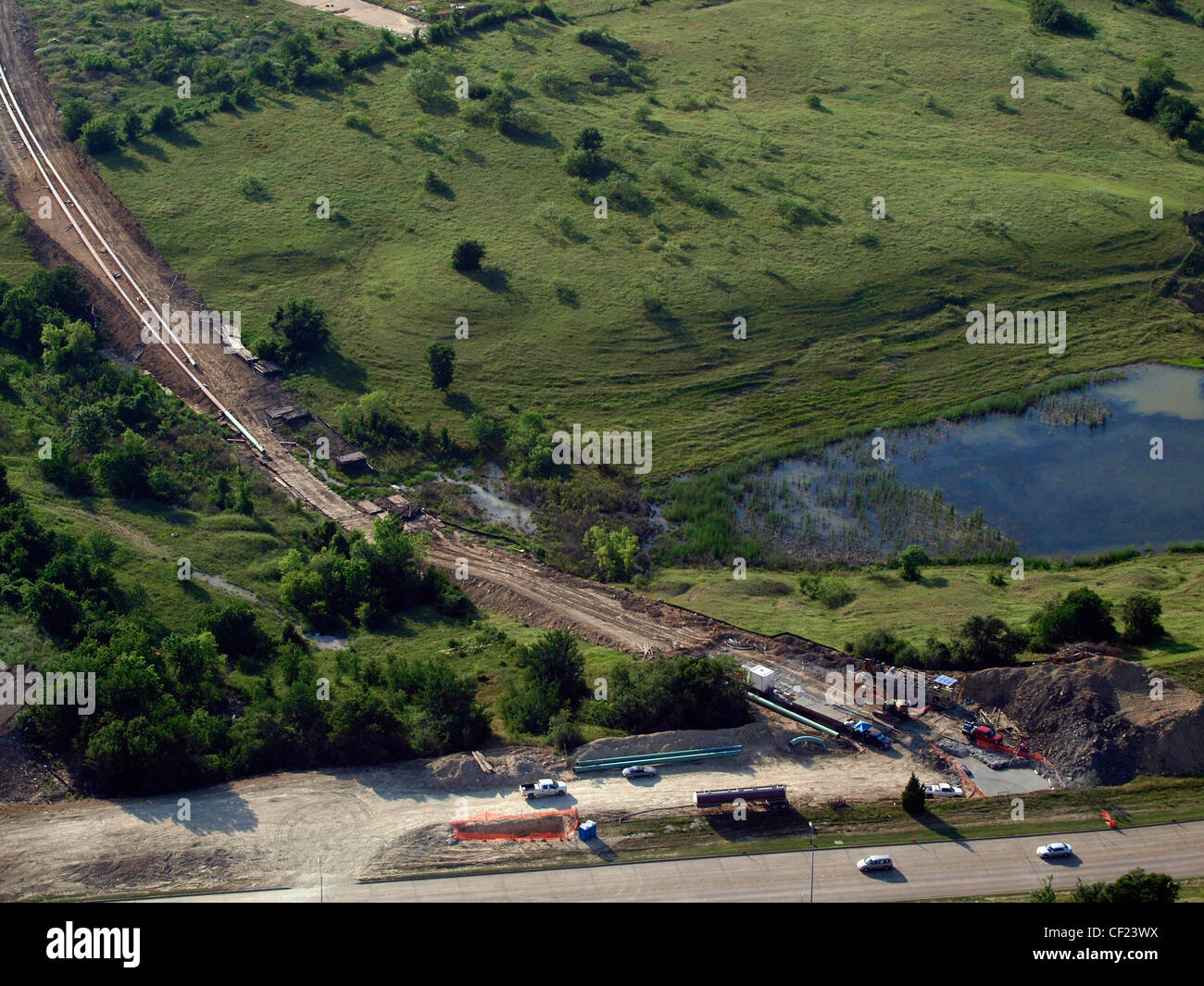 Aerial view of natural gas pipeline in Barnett Shale field, getting ...