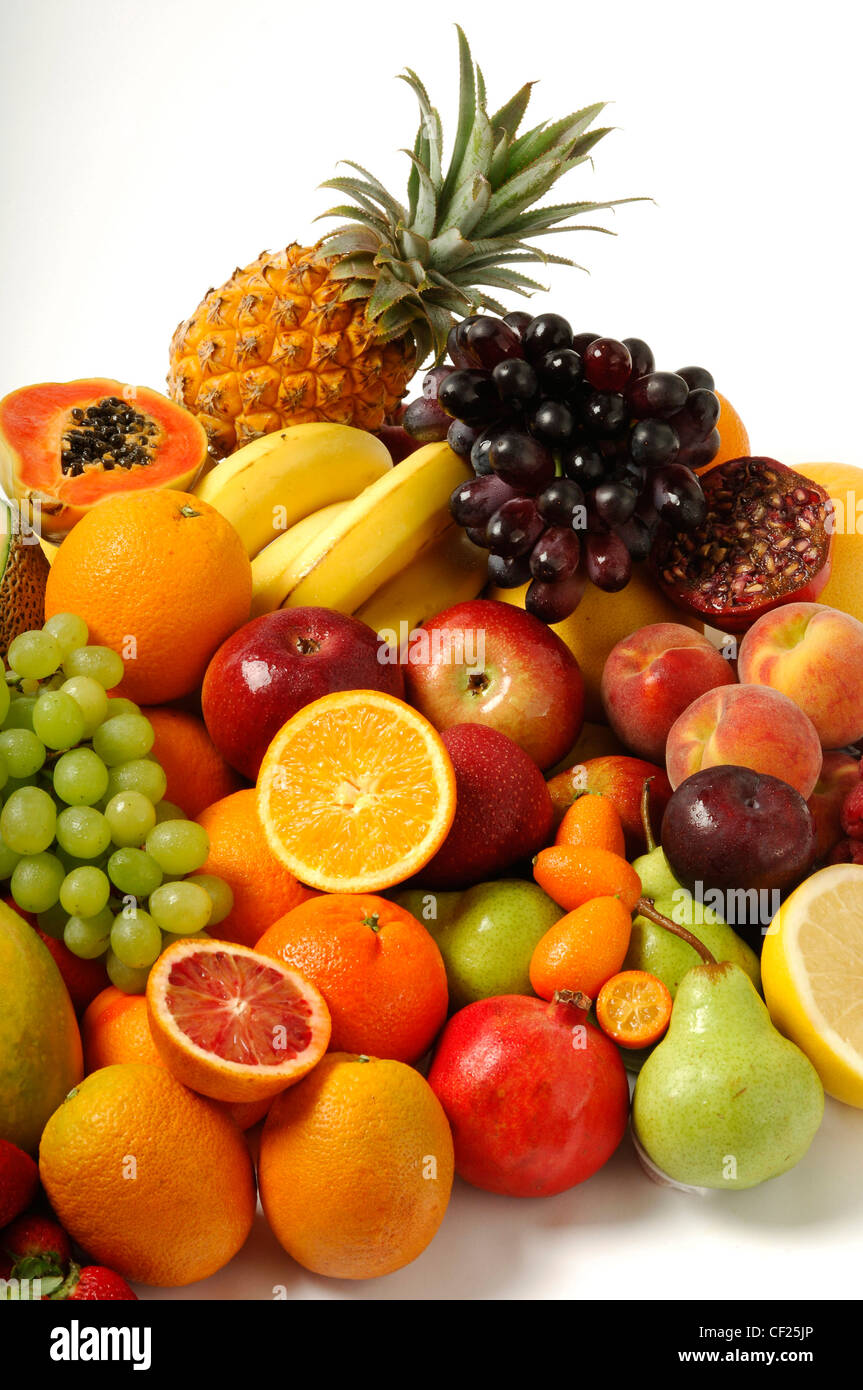 Pineapple, bananas, apples, red grapes, grapefruit, peaches, kumquats ...