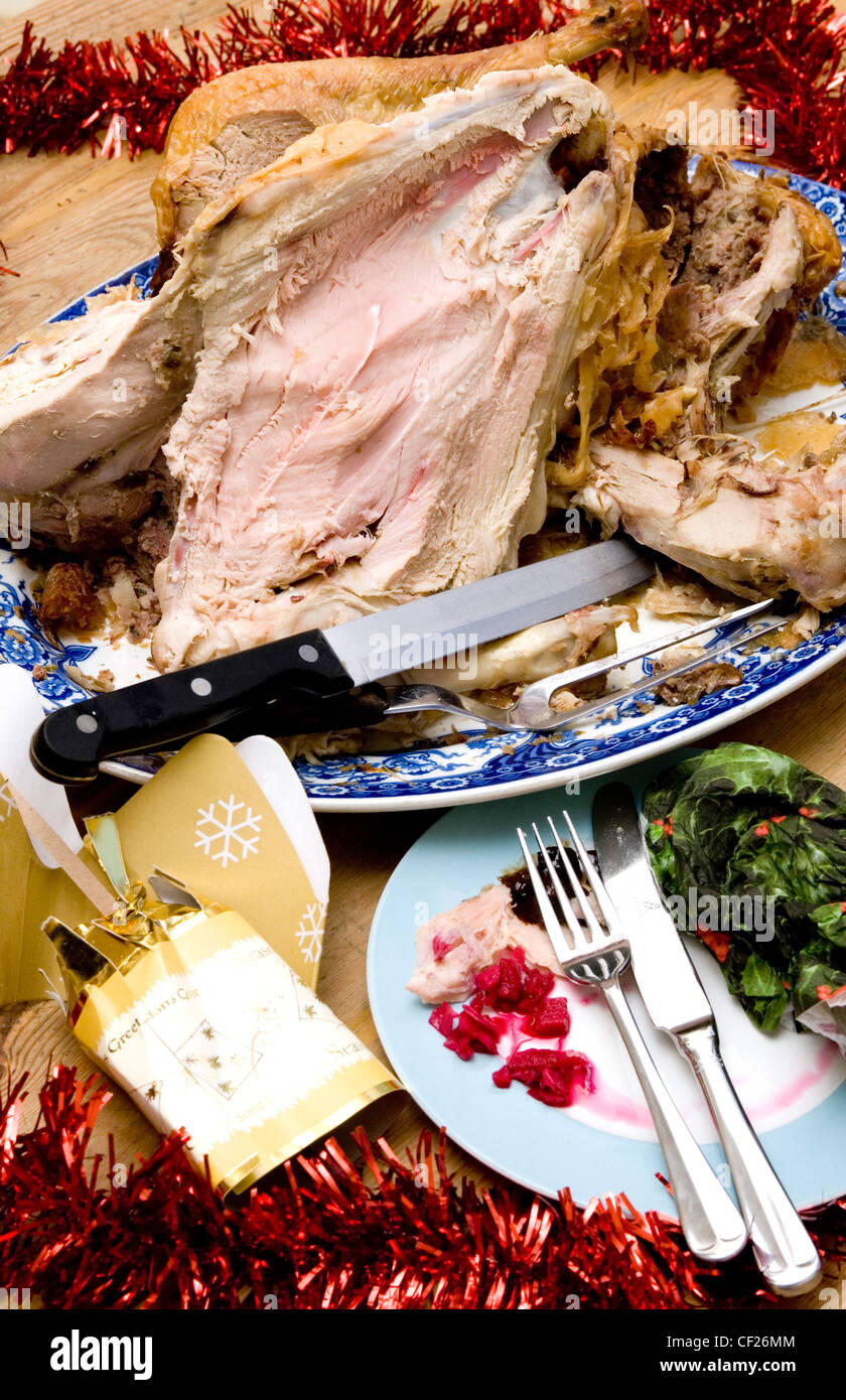 Leftover turkey on blue and white plate with empty plate and knife and ...