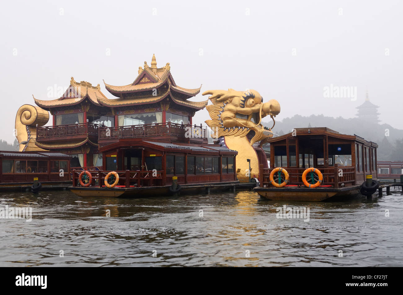 Golden Dragon Boat barge on West Lake with Leifeng Pagoda in Hangzhou ...