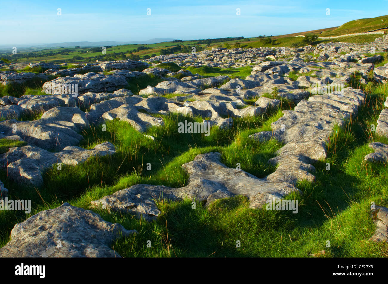 The natural rock formations of limestone paving above Malham Cove in ...