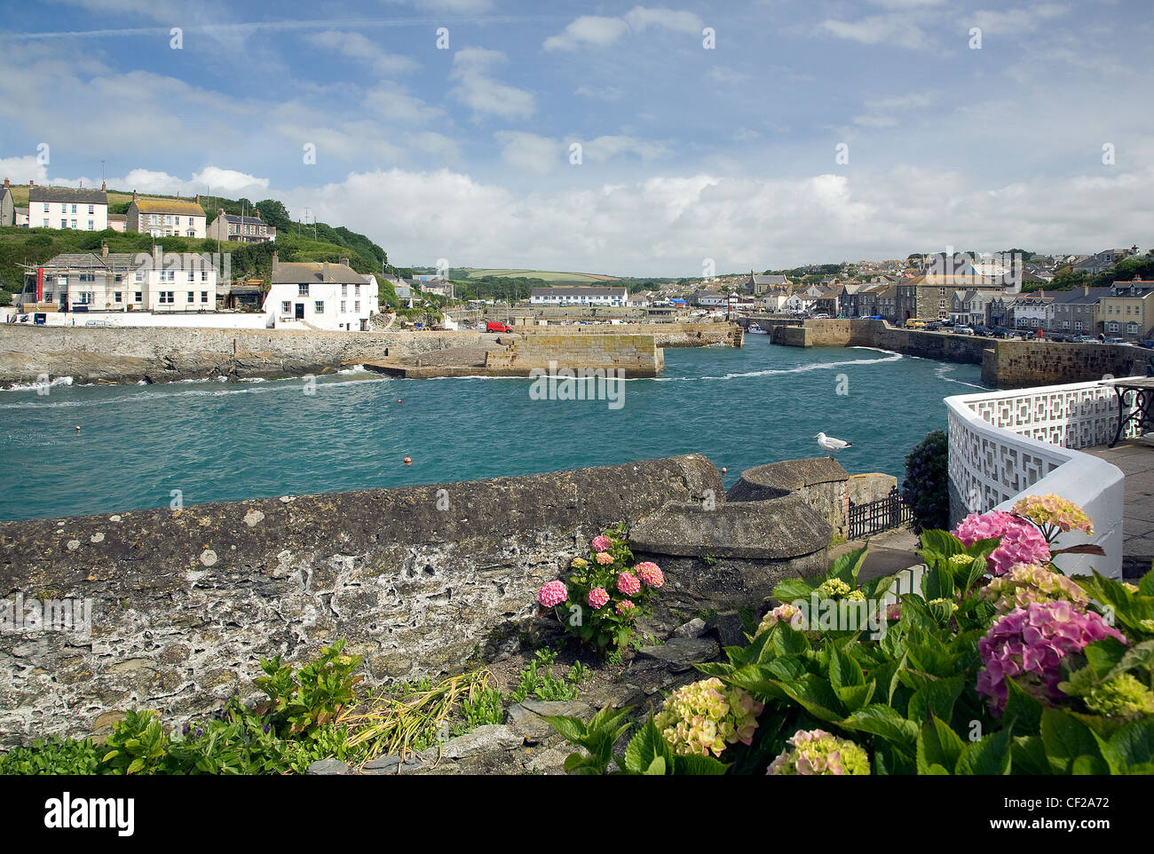 Looking over Porthleven harbour located in Mounts Bay Stock Photo - Alamy