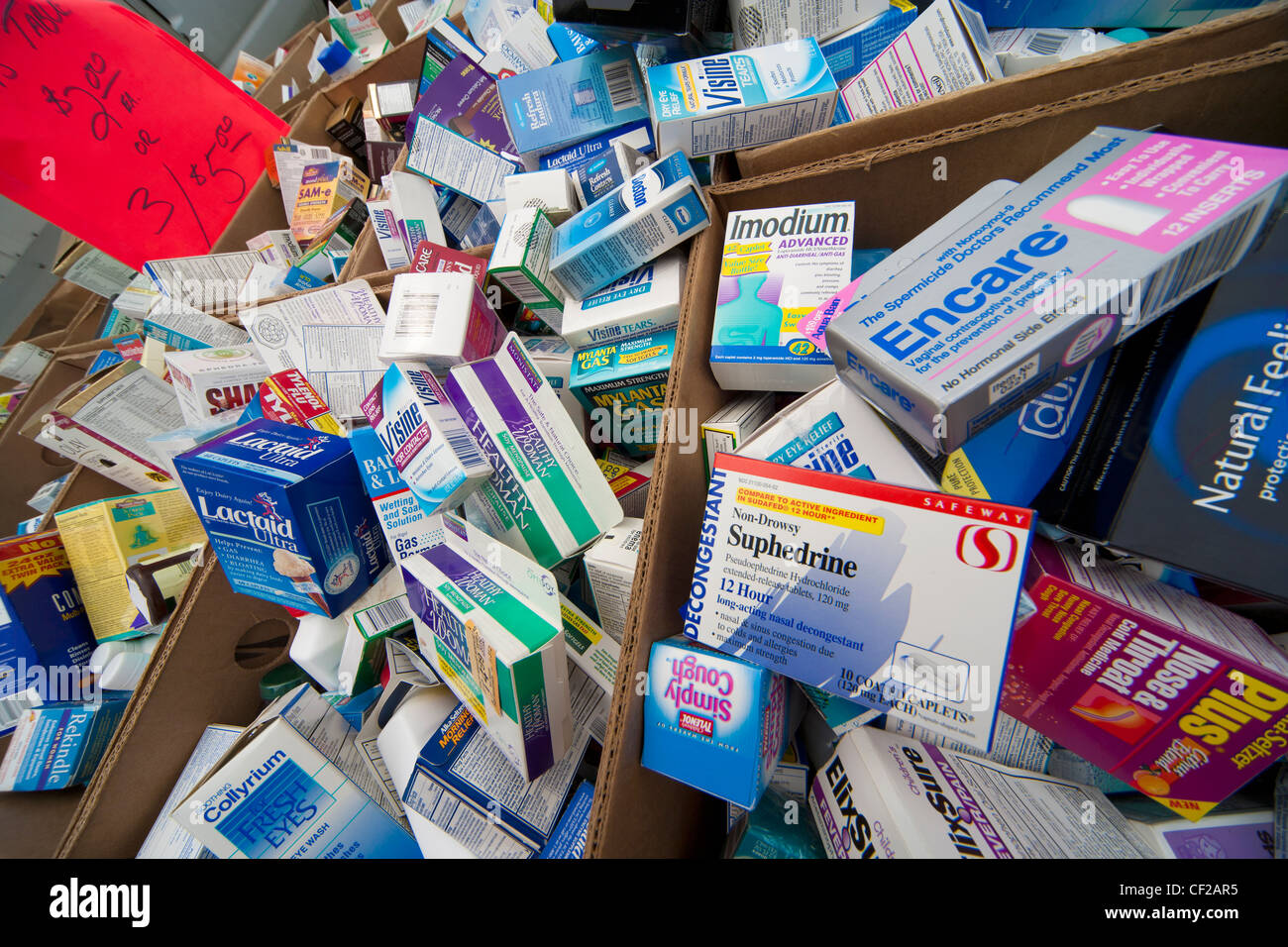 Boxes full cheap American OTC; over the counter medicines; drugs in a ...