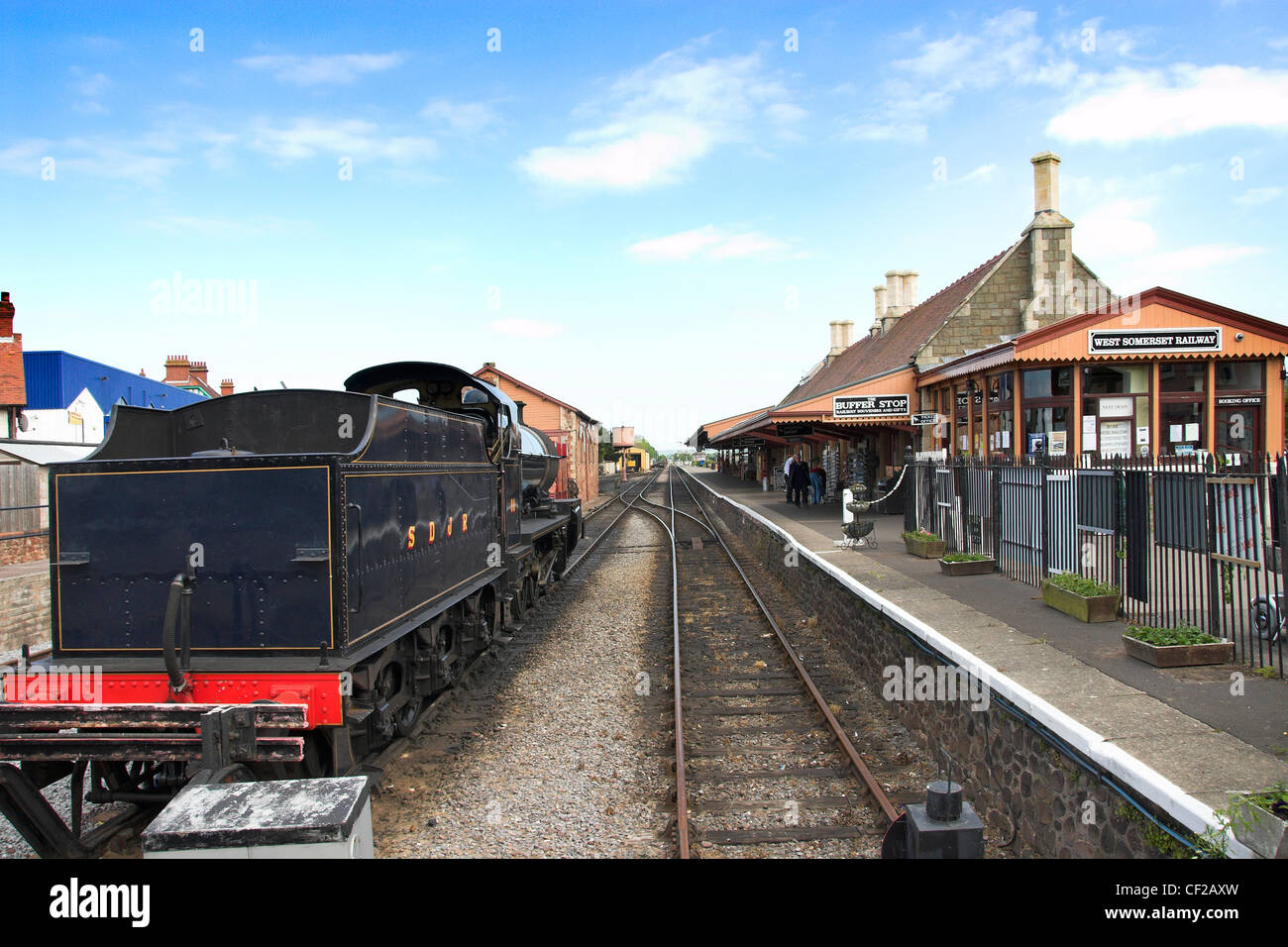 A steam engine at Minehead Station, now the terminus and headquarters of the West Somerset ...