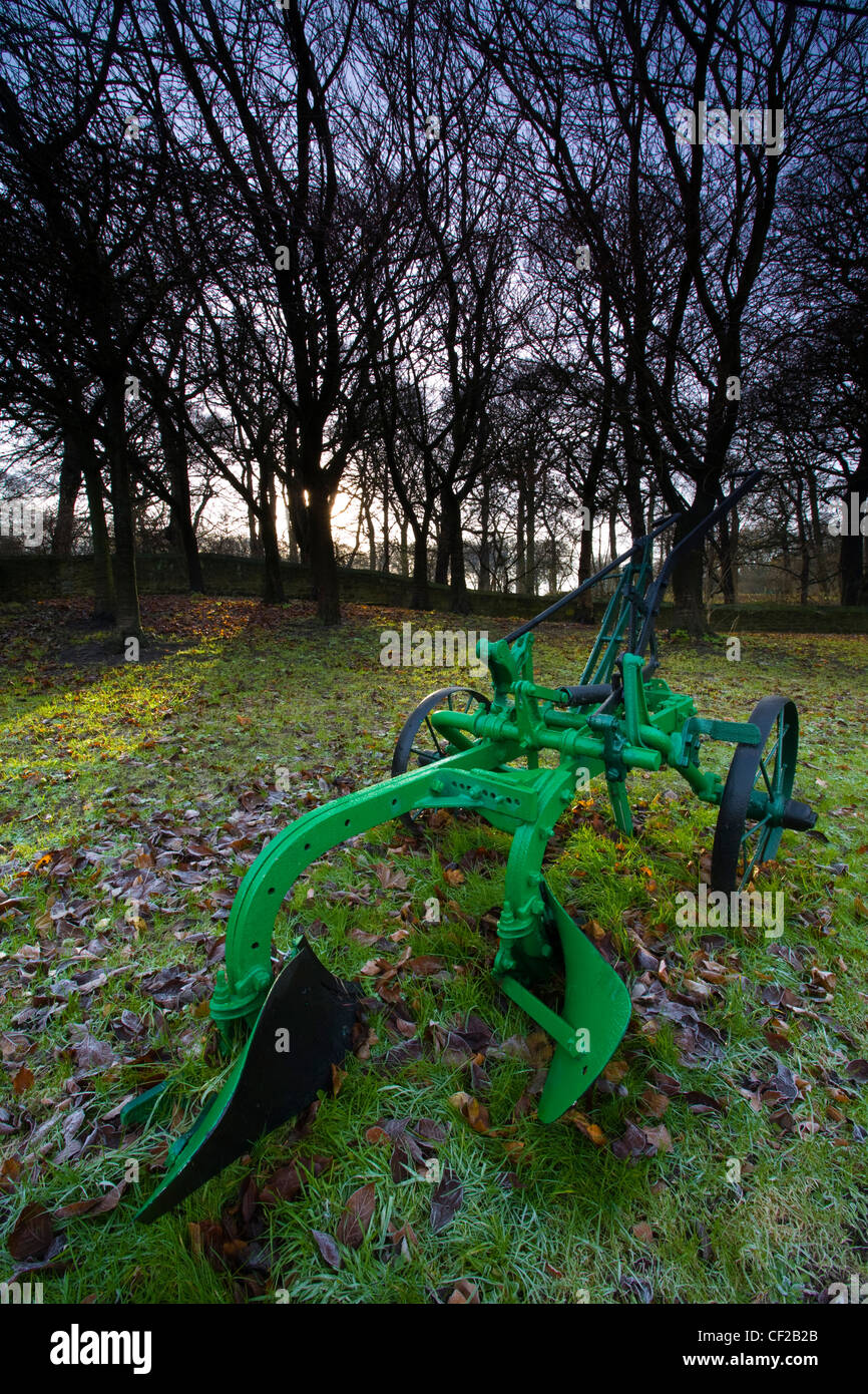 A hand plough in Backworth Village, depicting the farming heritage of ...
