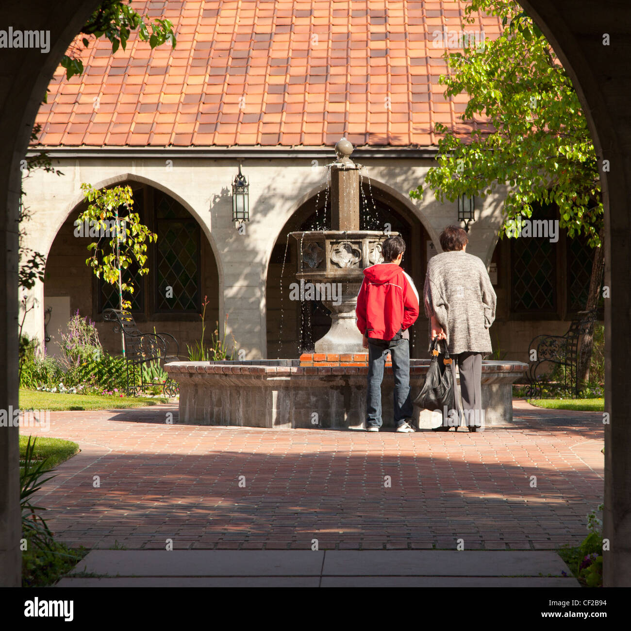 Courtyard and fountain in a Spanish Colonial style church Stock Photo ...