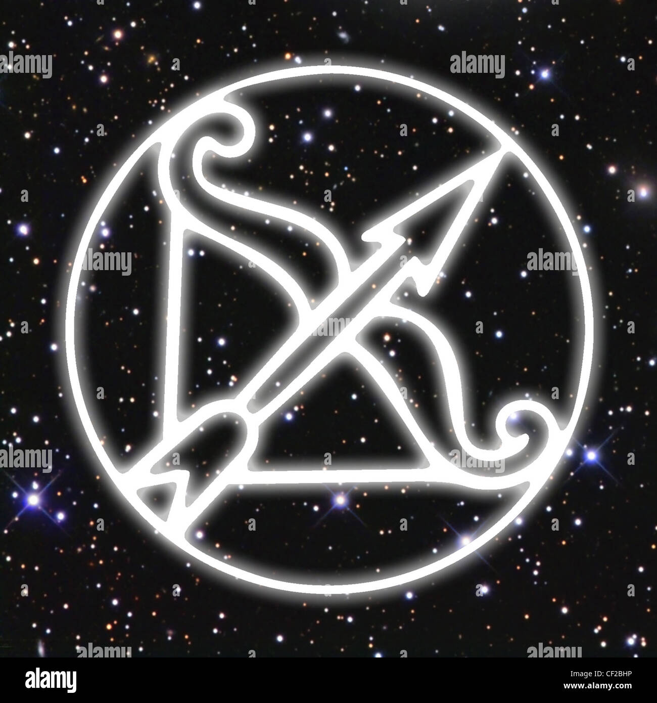 An illustration of a bow and arrow in a circle, set against a ...