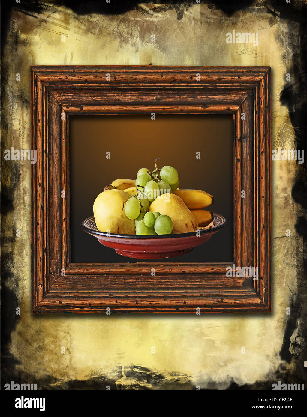 Retro wooden frame with a still life painting on a grunge wallpaper ...
