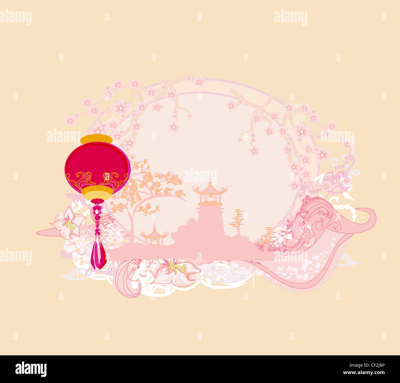 old paper with Asian Landscape and Chinese Lanterns - vintage japanese ...