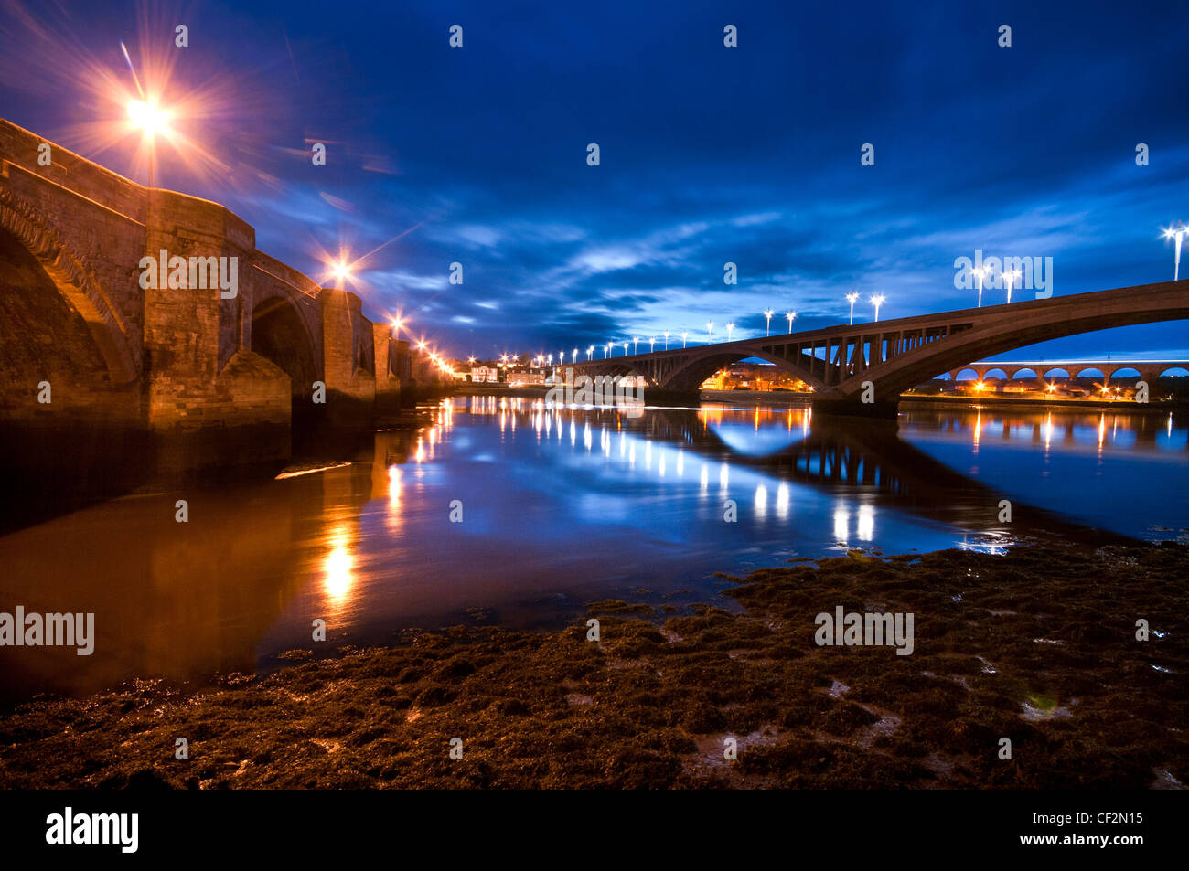 Three bridges crossing the River Tweed at Berwick-upon-Tweed. The Old ...