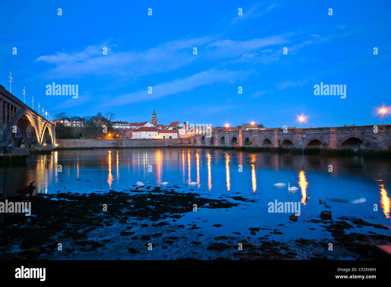 Royal Tweed Bridge and Berwick Bridge (Old Bridge) spanning the River ...