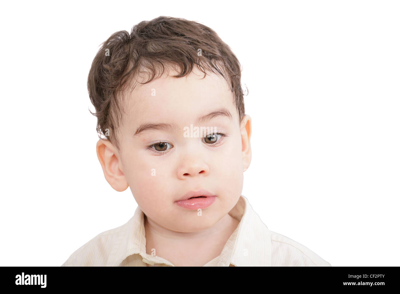 little boy, child looking down isolated on white Stock Photo - Alamy