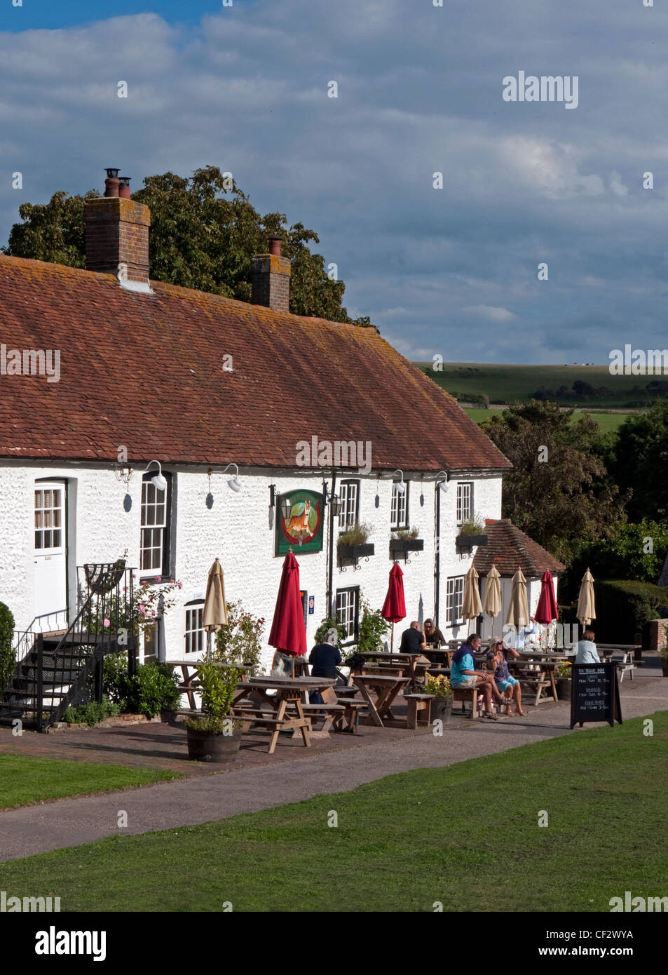 People sitting outside The Tiger Inn by the village green in East Dean ...