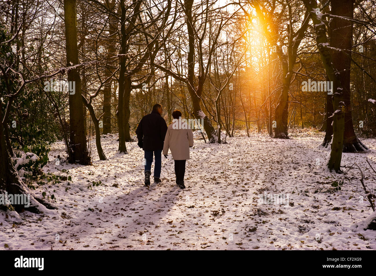 A couple walking over snow covered ground in woodland as the sun sets ...