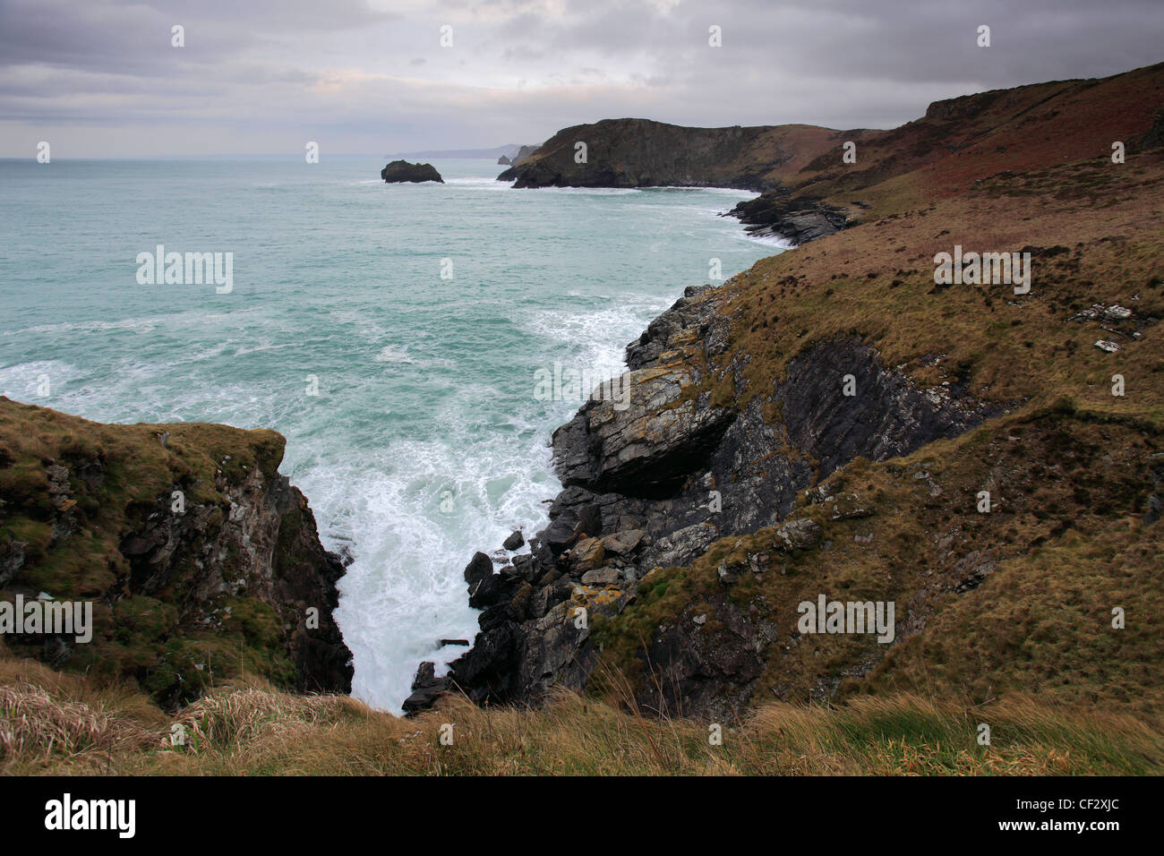 Rugged shoreline, Tintagel Bay, Tintagel town, Cornwall County, England ...