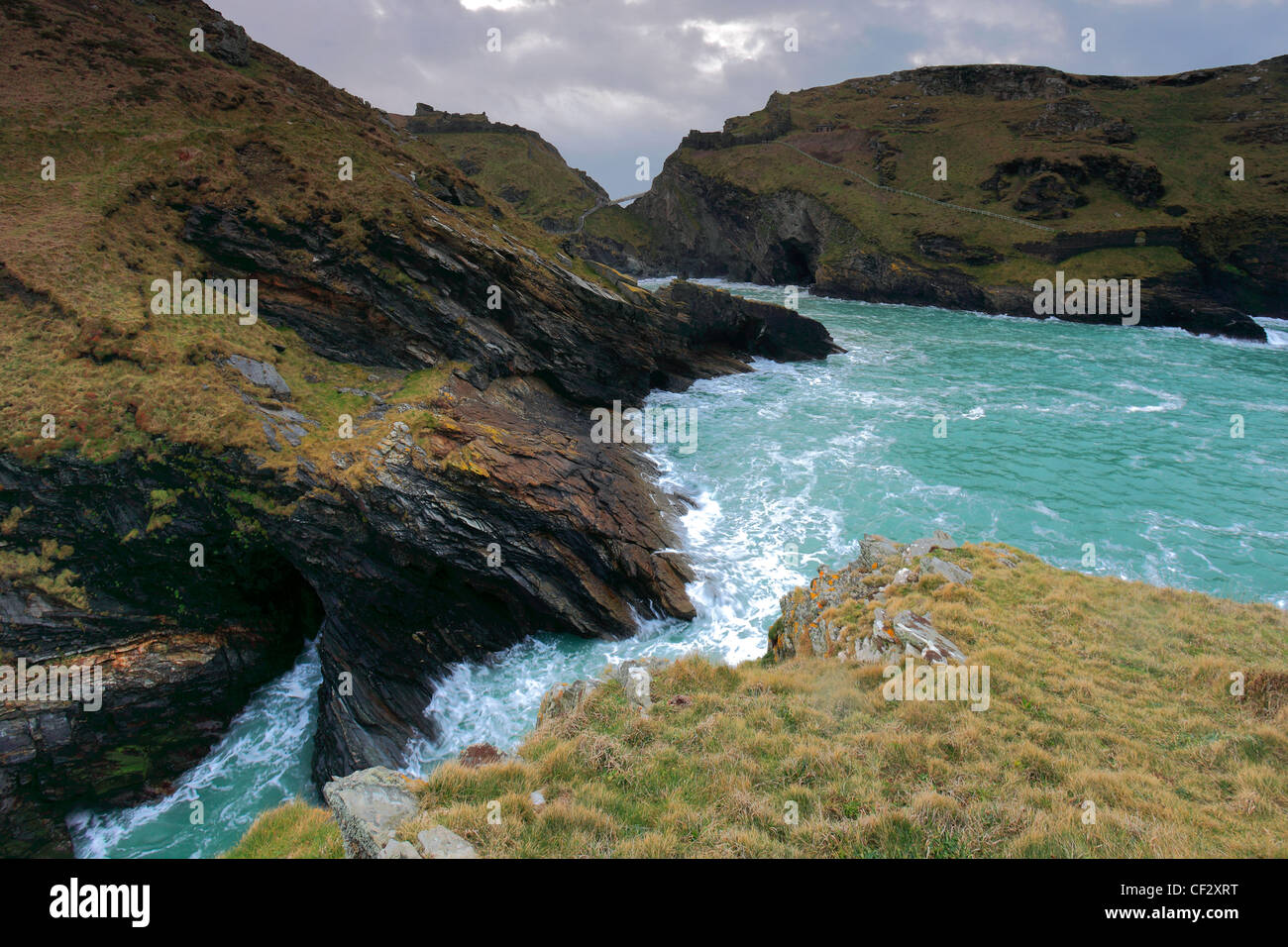 Rugged shoreline, Tintagel Bay, Tintagel town, Cornwall County, England ...